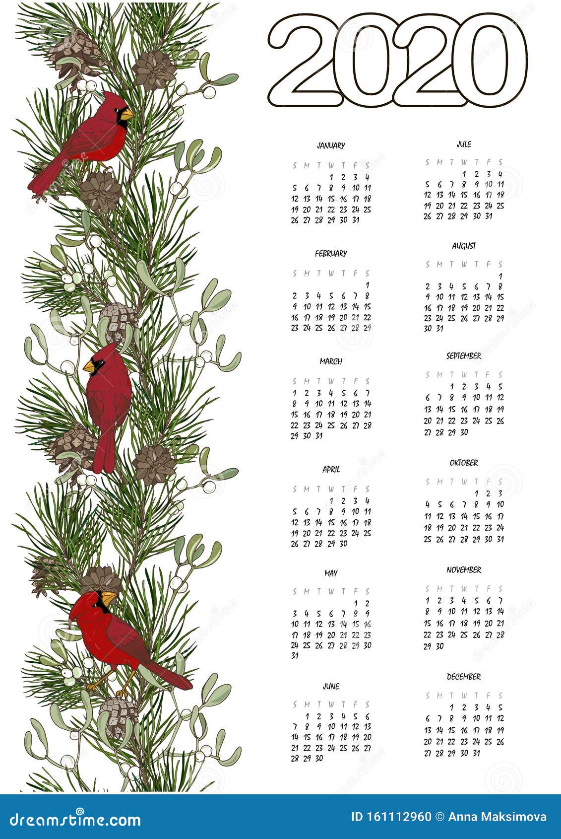 Calendar 2020 with Pine Branches Stock Vector - Illustration of animal ...