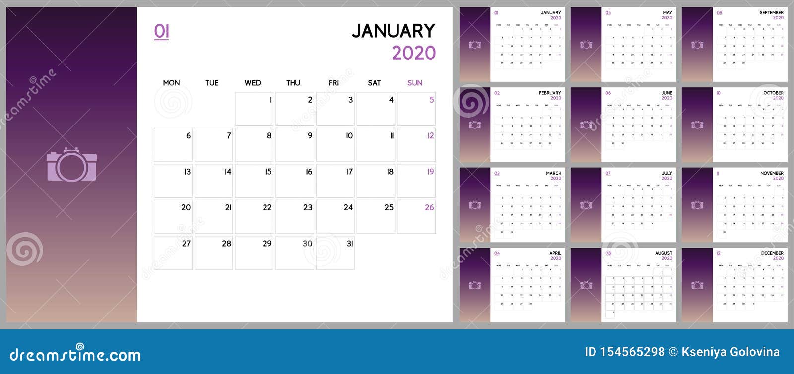 Calendar Planner 2020,base Template Design. Week Starts on Monday Stock ...