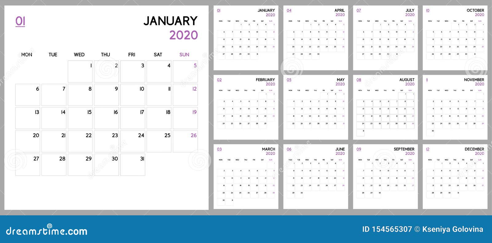 Calendar Planner 2020, Base Template Design. Week Starts on Monday ...