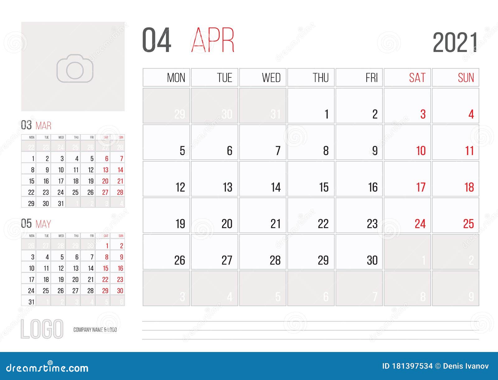 Calendar 2021 Planner Corporate Template Design April Month Stock ...