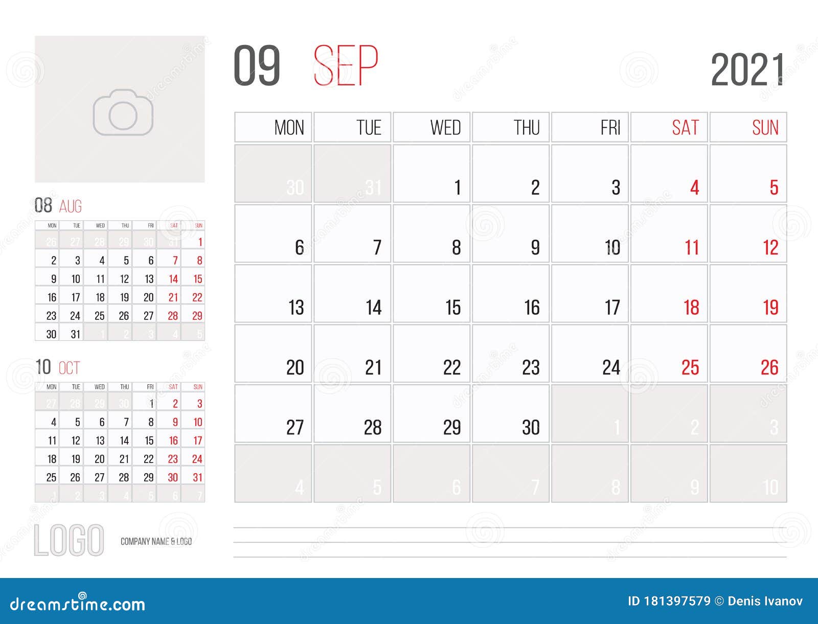 Calendar 2021 Planner Corporate Template Design September Month Stock ...