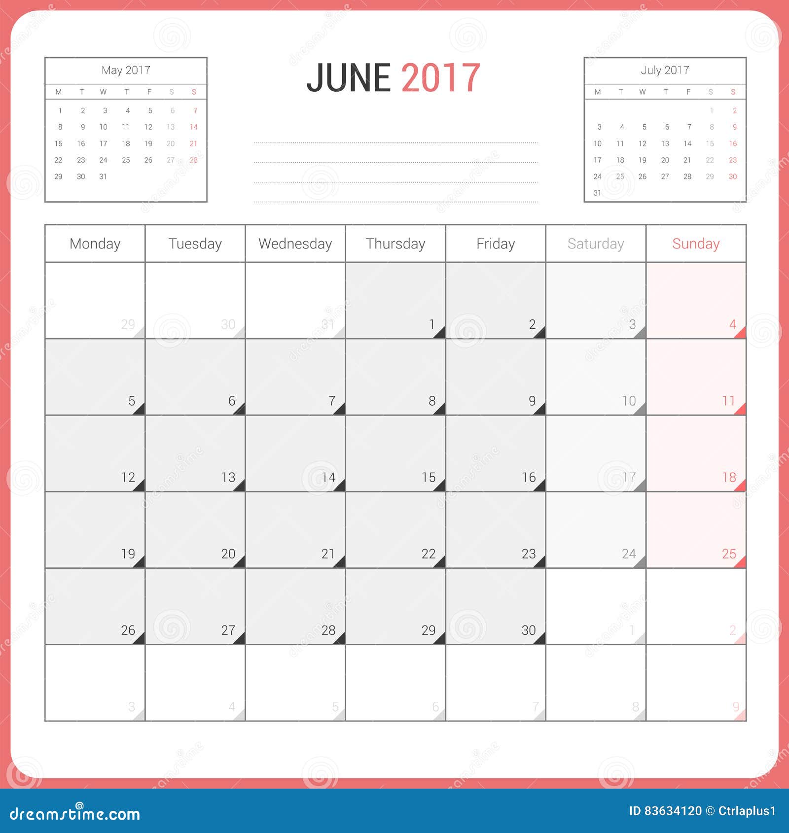 Calendar Planner for June 2017 Vector Design Template Stationary. Stock ...