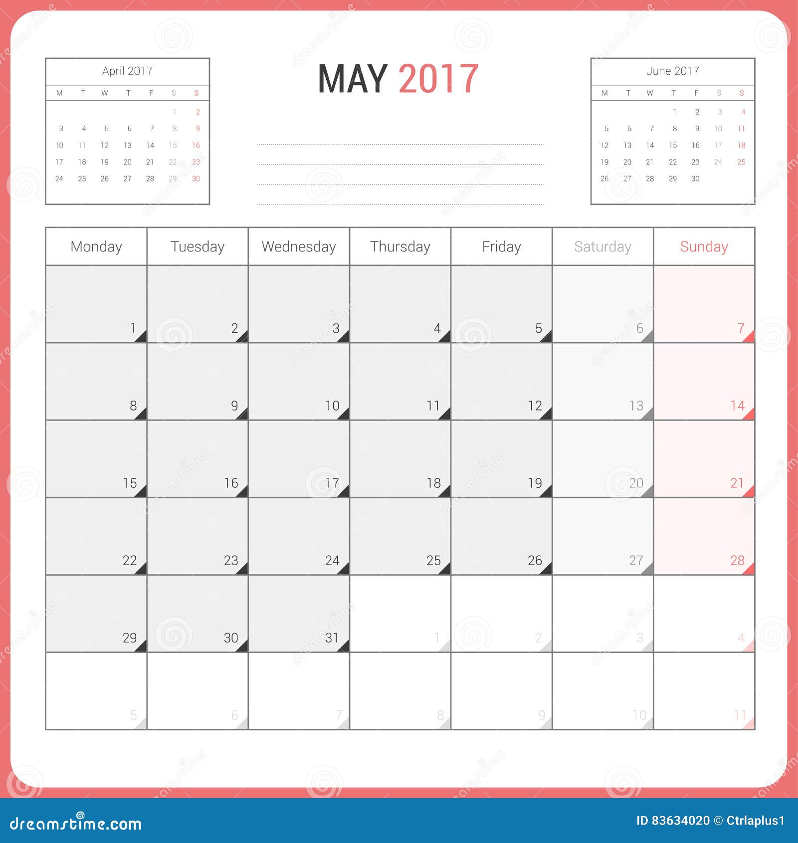 Calendar Planner for May 2017 Vector Design Template Stationary. Stock ...