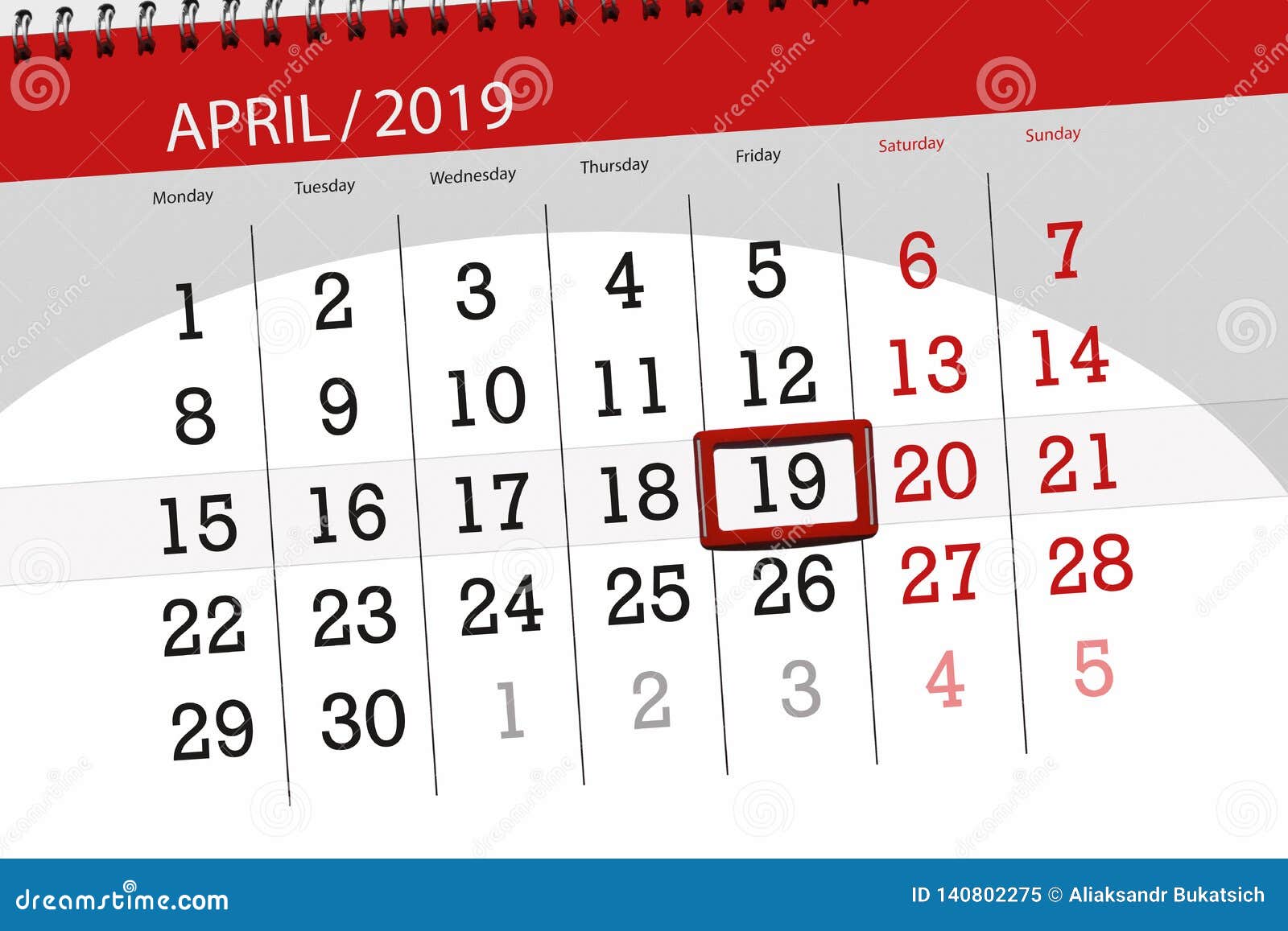 Calendar Planner for the Month April 2019, Deadline Day, 19 Friday ...