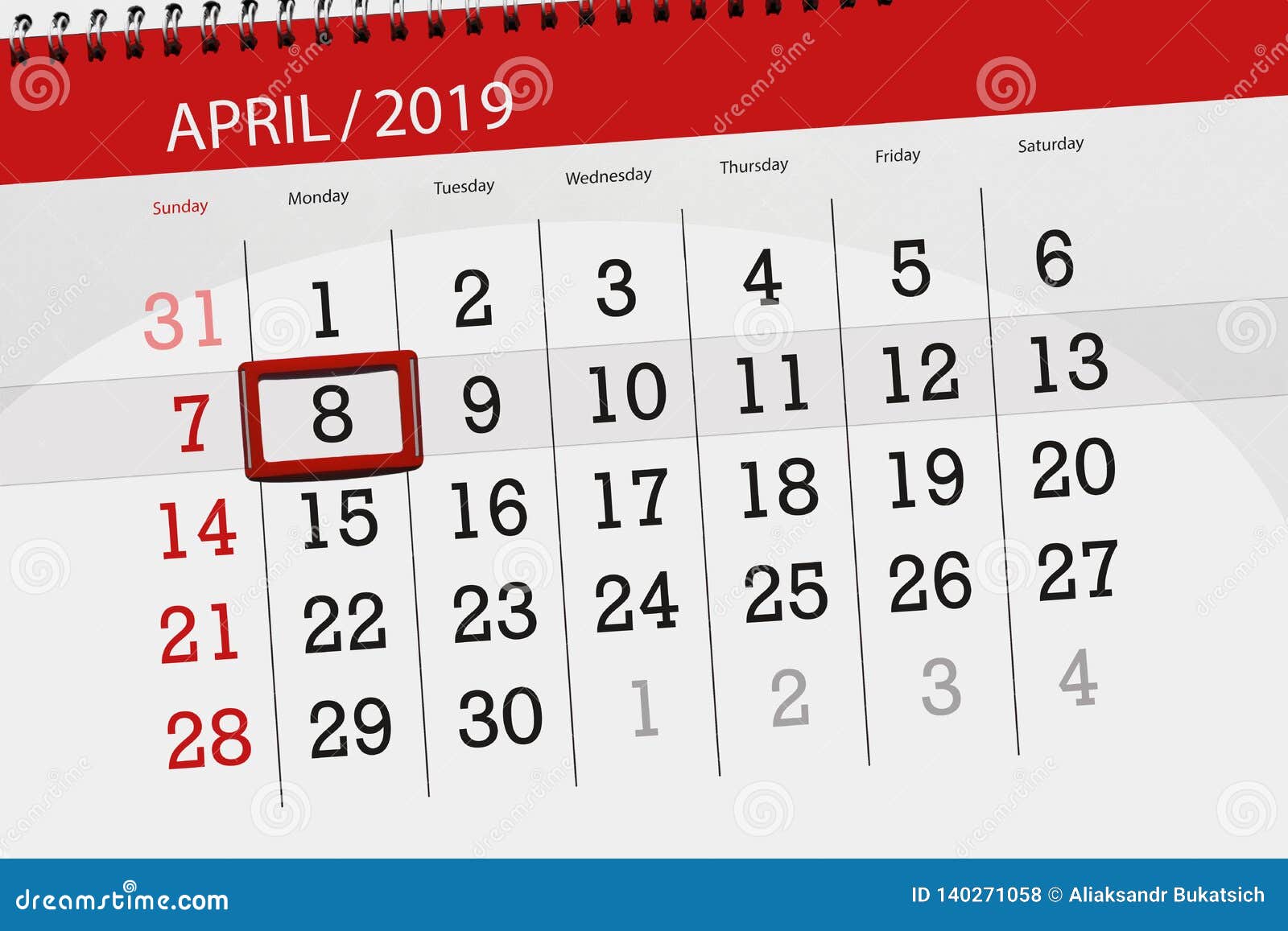 Calendar Planner for the Month April 2019, Deadline Day, 8 Monday Stock ...