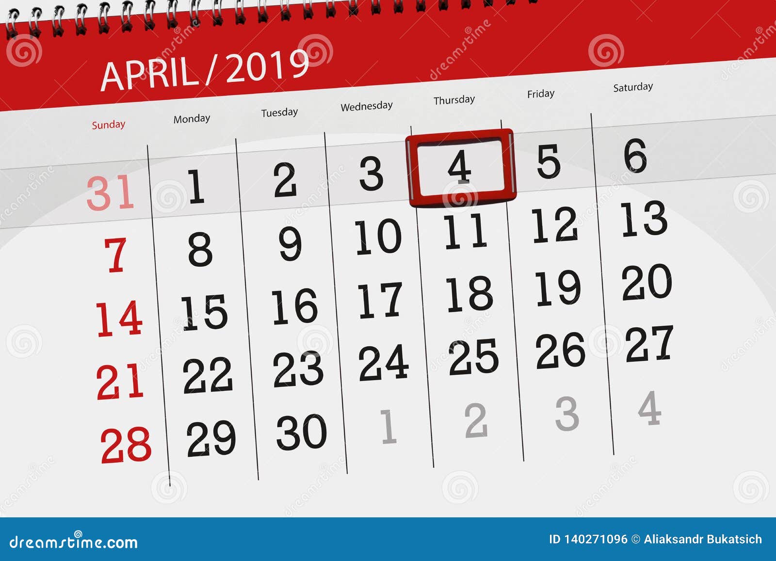 Calendar Planner for the Month April 2019, Deadline Day, 4 Thursday ...