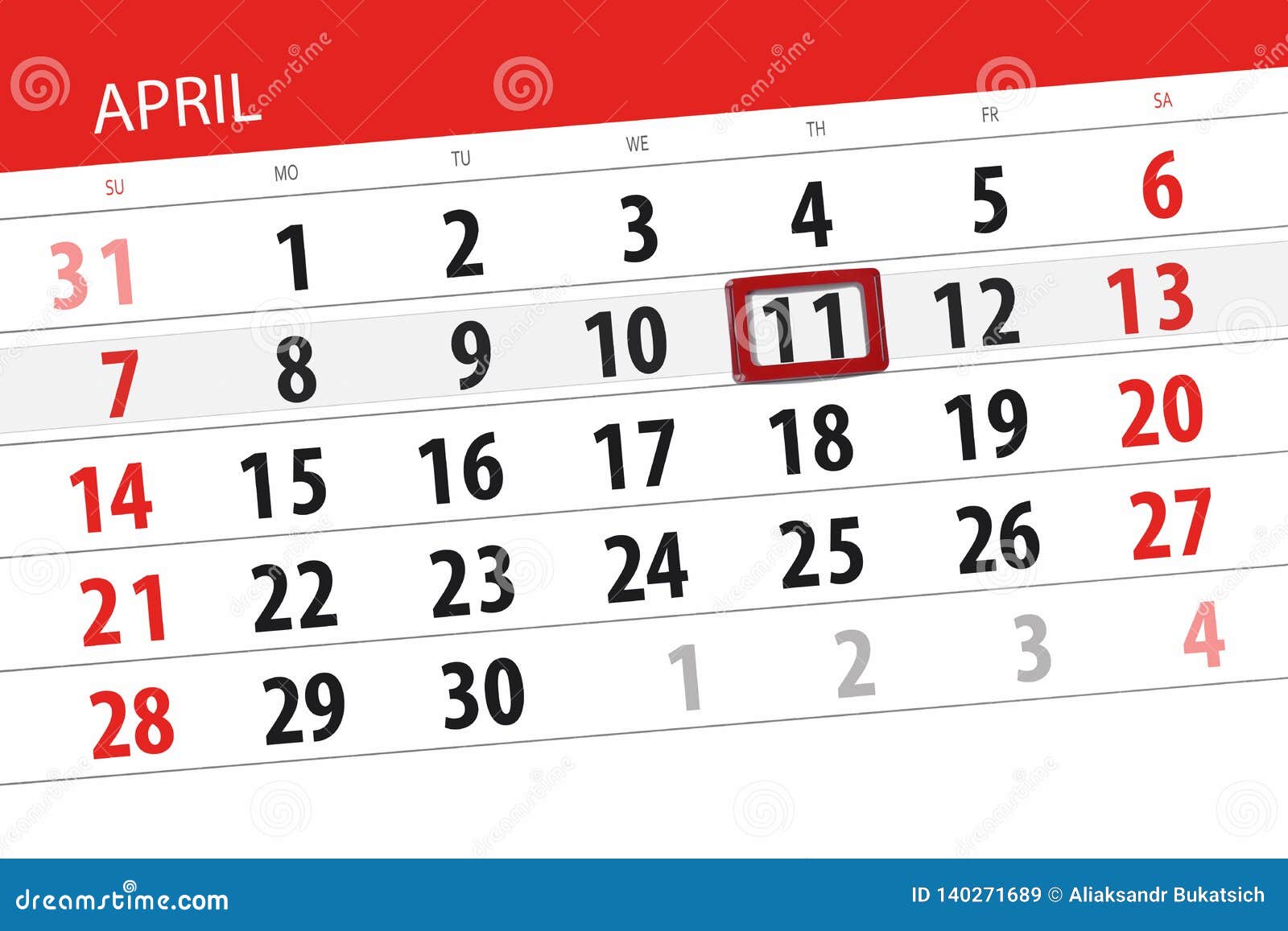 Calendar Planner for the Month April 2019, Deadline Day, 11 Thursday ...