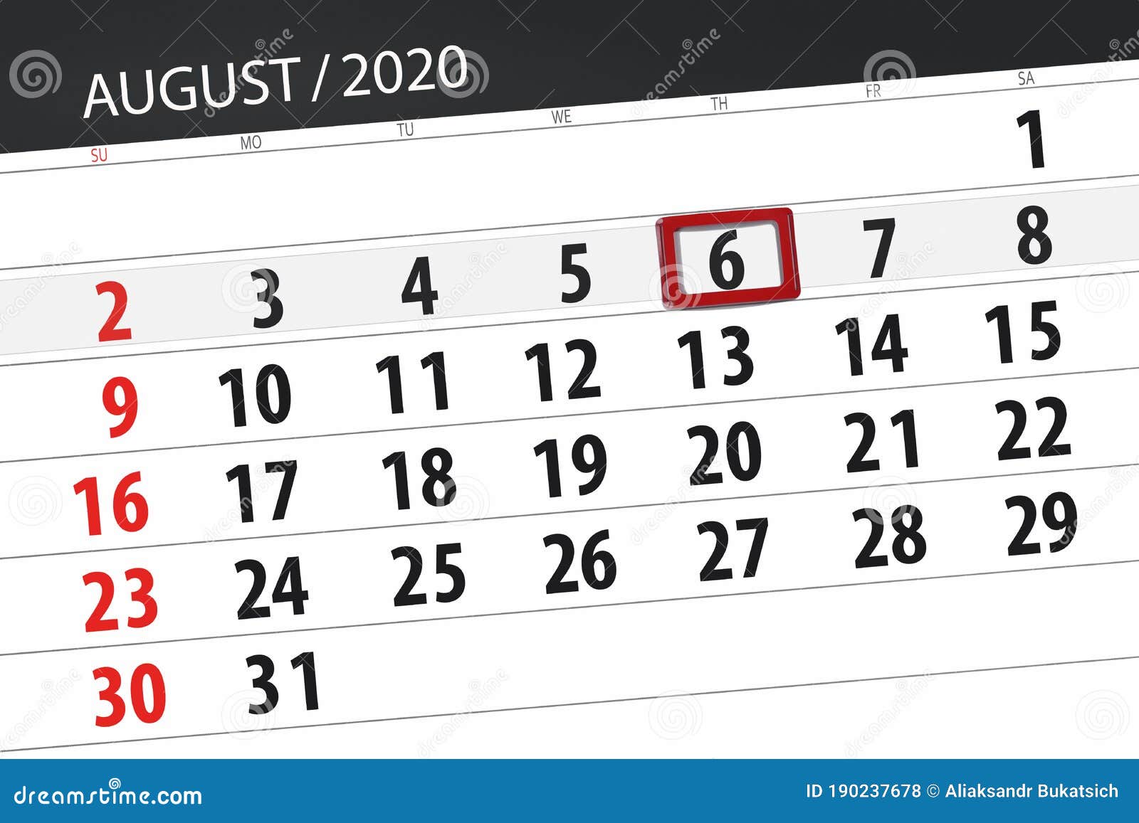Calendar Planner for the Month August 2020, Deadline Day, 6, Thursday ...