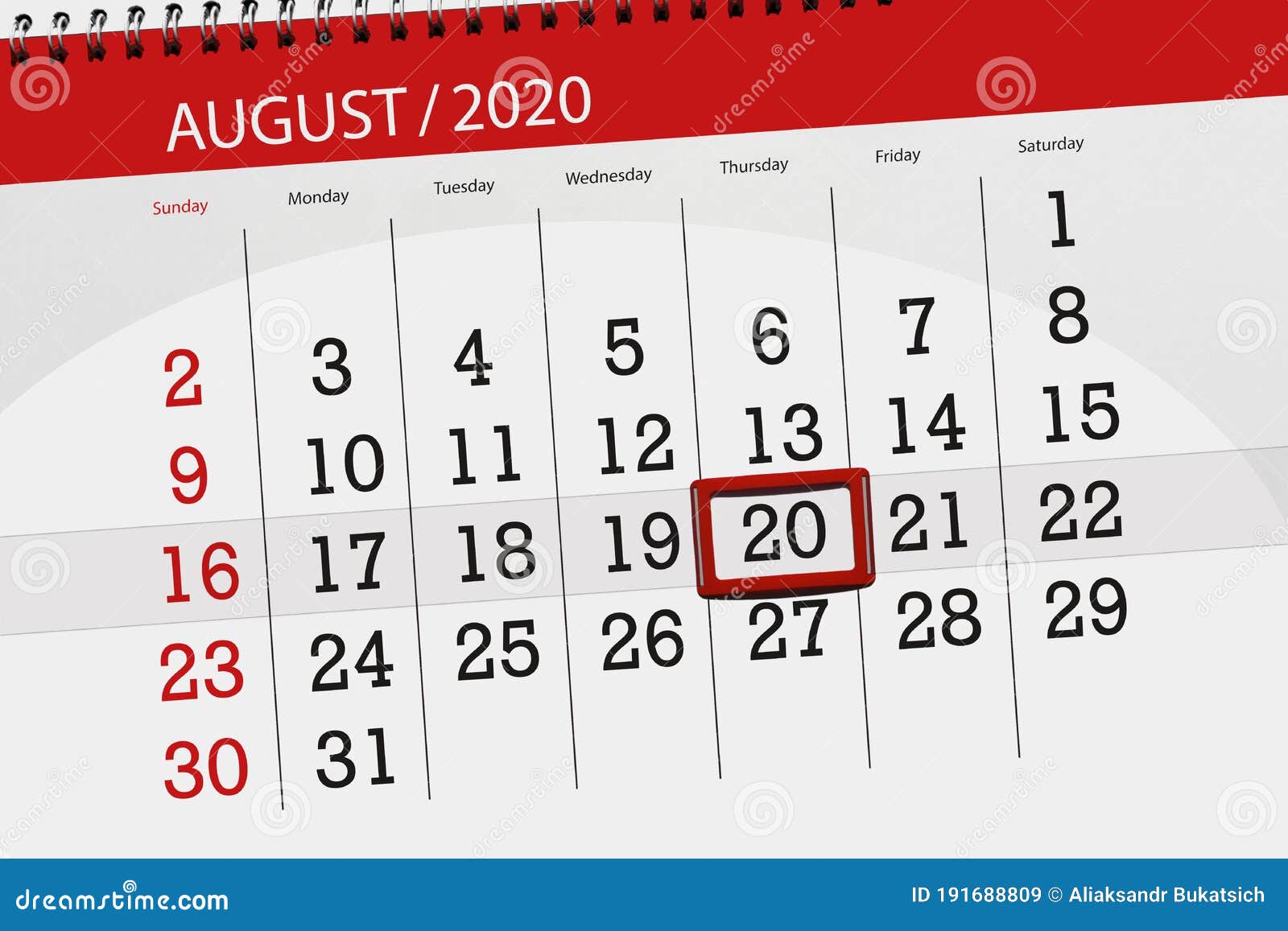 Calendar Planner for the Month August 2020, Deadline Day, 20, Thursday ...