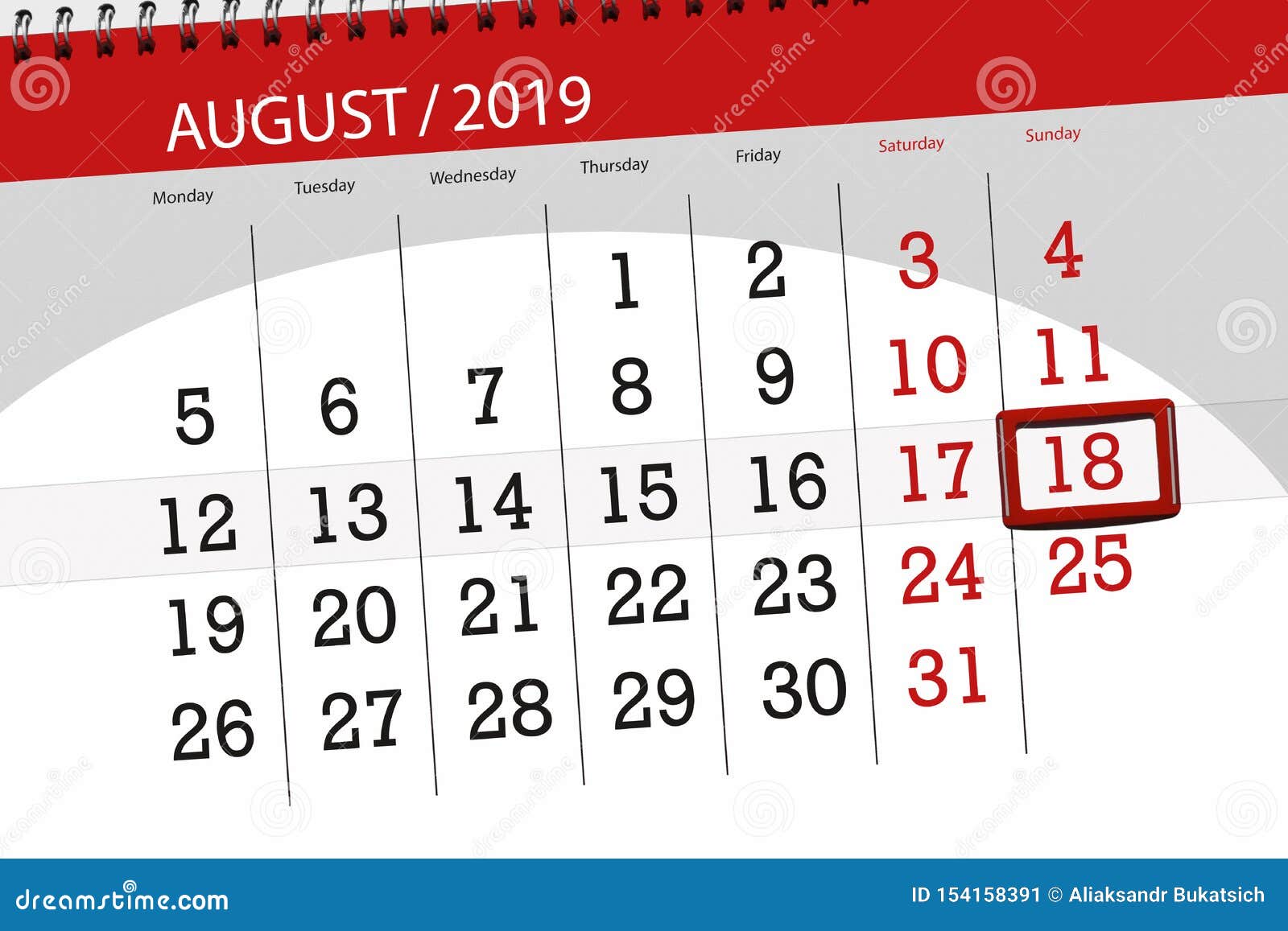 Calendar Planner for the Month, Deadline Day of the Week 2019 August ...