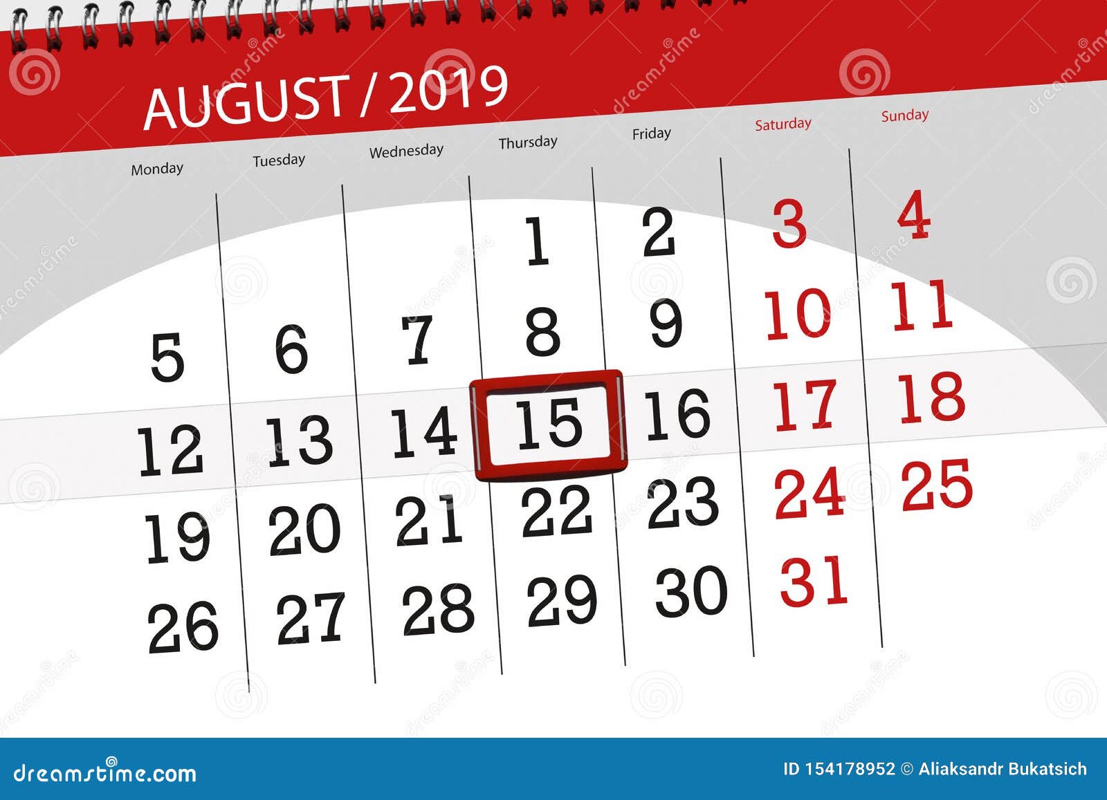 Calendar Planner for the Month, Deadline Day of the Week 2019 August ...