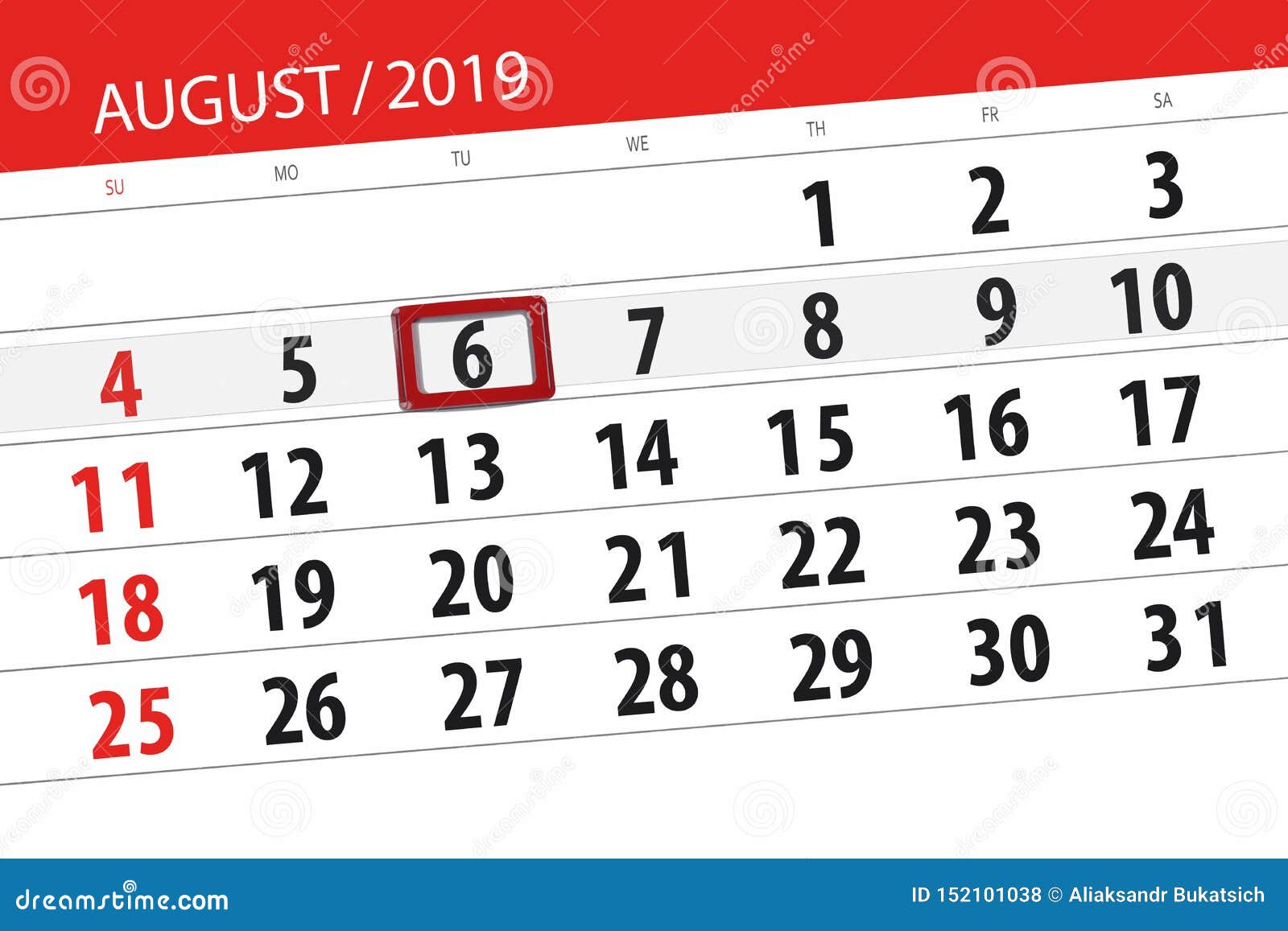 Calendar Planner for the Month, Deadline Day of the Week 2019 August, 6 ...