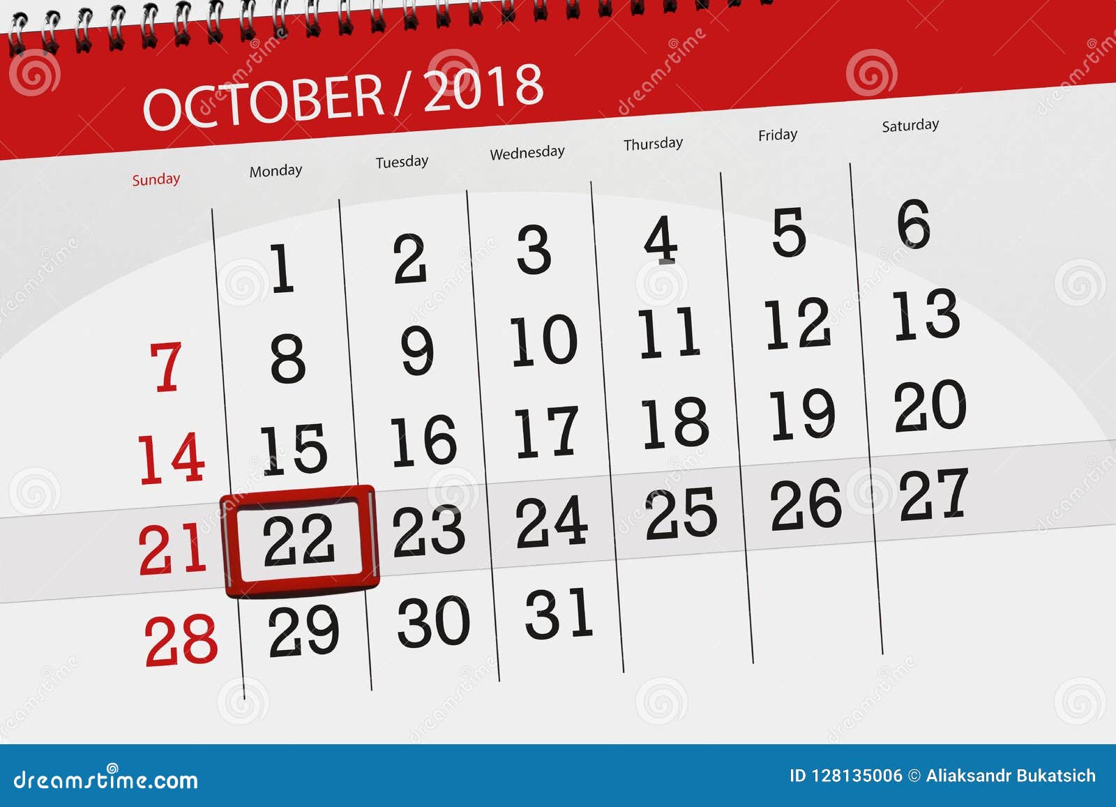 Calendar Planner for the Month, Deadline Day of the Week 2018 October ...