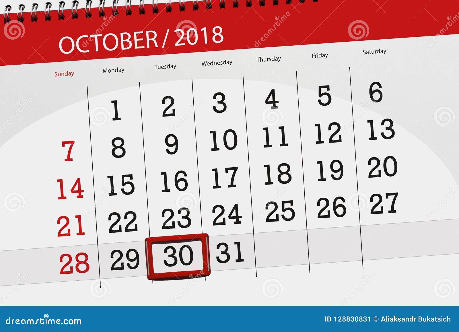 Calendar Planner for the Month, Deadline Day of the Week 2018 October ...