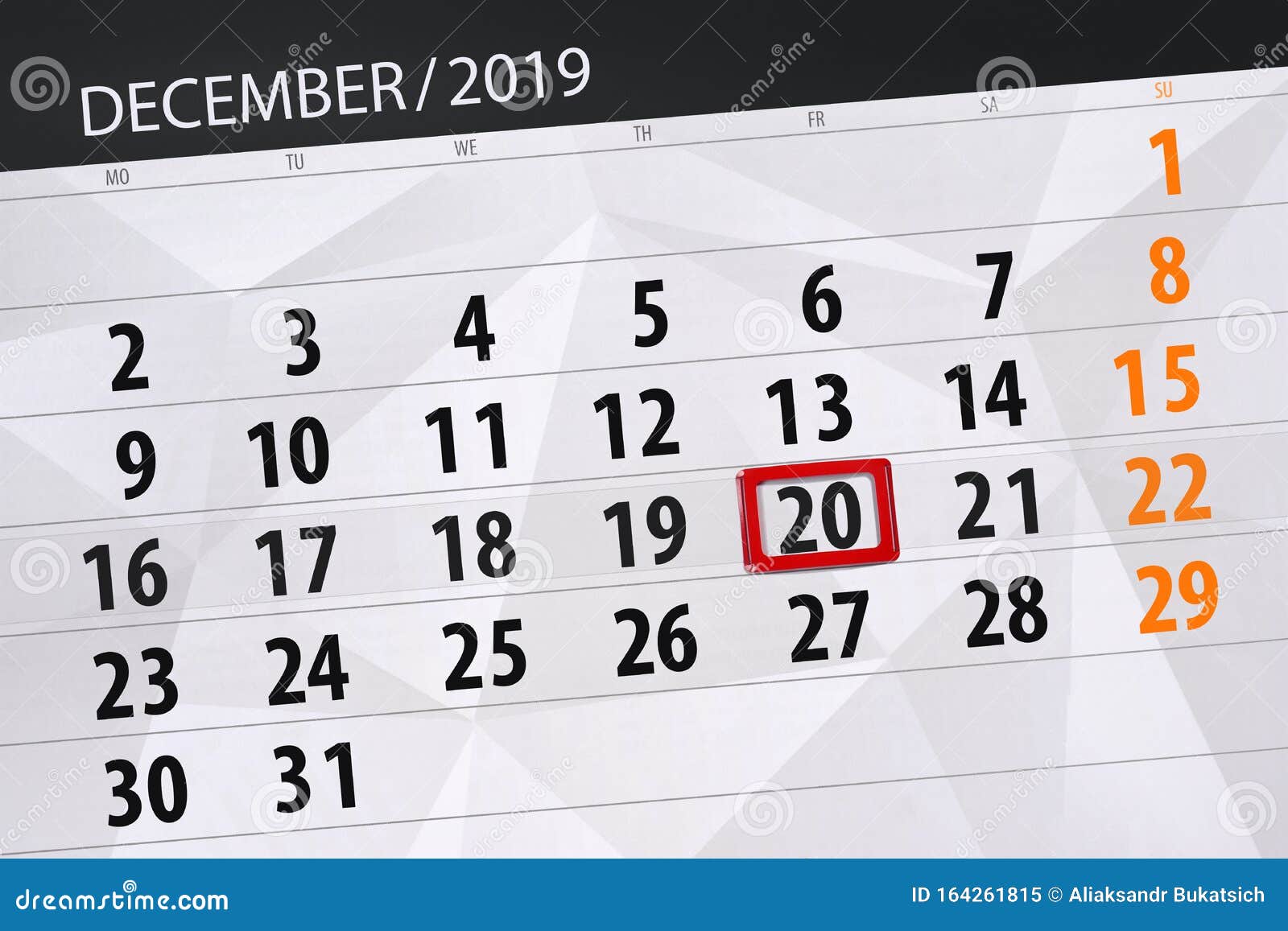 Calendar Planner for the Month December 2019, Deadline Day, 20, Friday ...