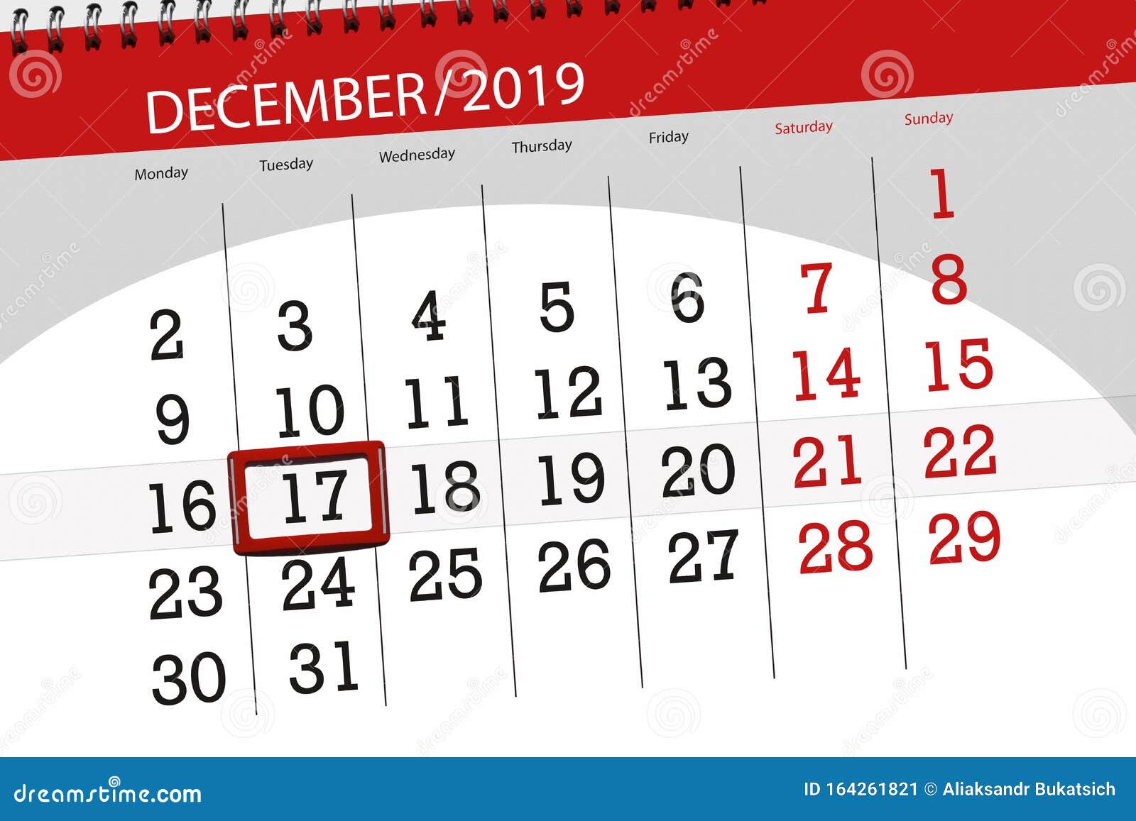 Calendar Planner for the Month December 2019, Deadline Day, 17, Tuesday ...