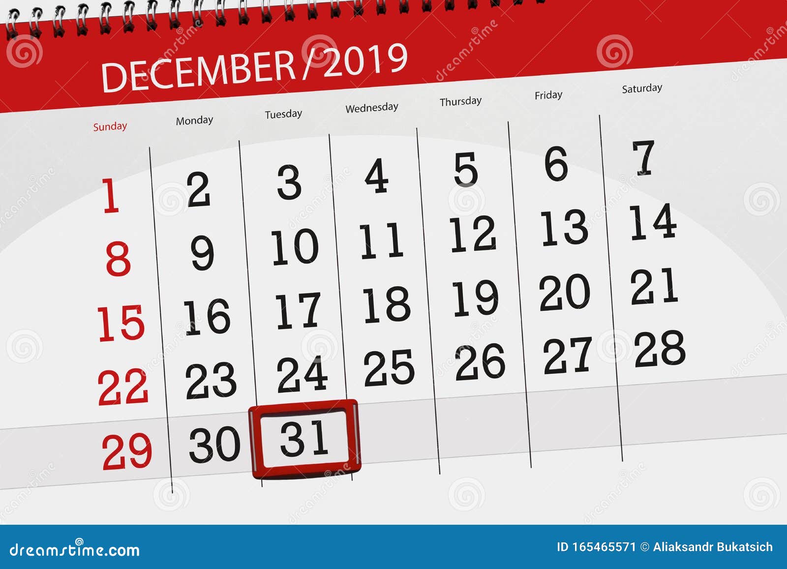 Calendar Planner for the Month December 2019, Deadline Day, 31, Tuesday ...