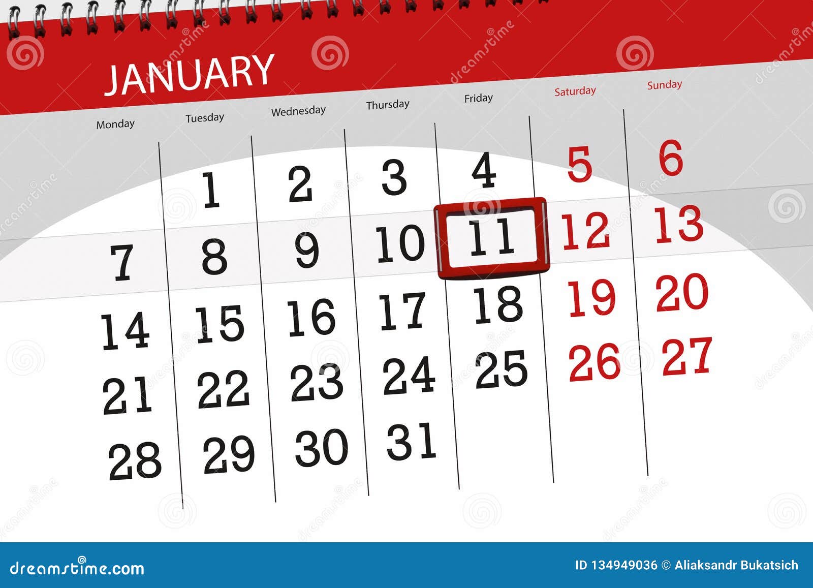 Calendar Planner for the Month January 2019, Deadline Day, 11, Friday ...