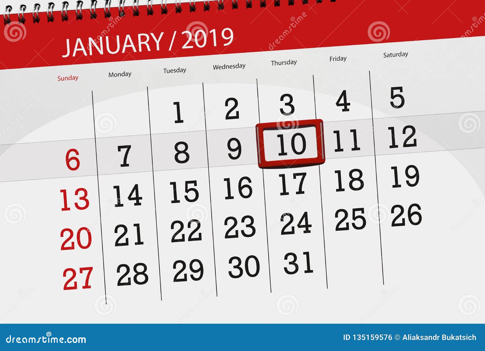 Calendar Planner for the Month January 2019, Deadline Day, 10, Thursday ...