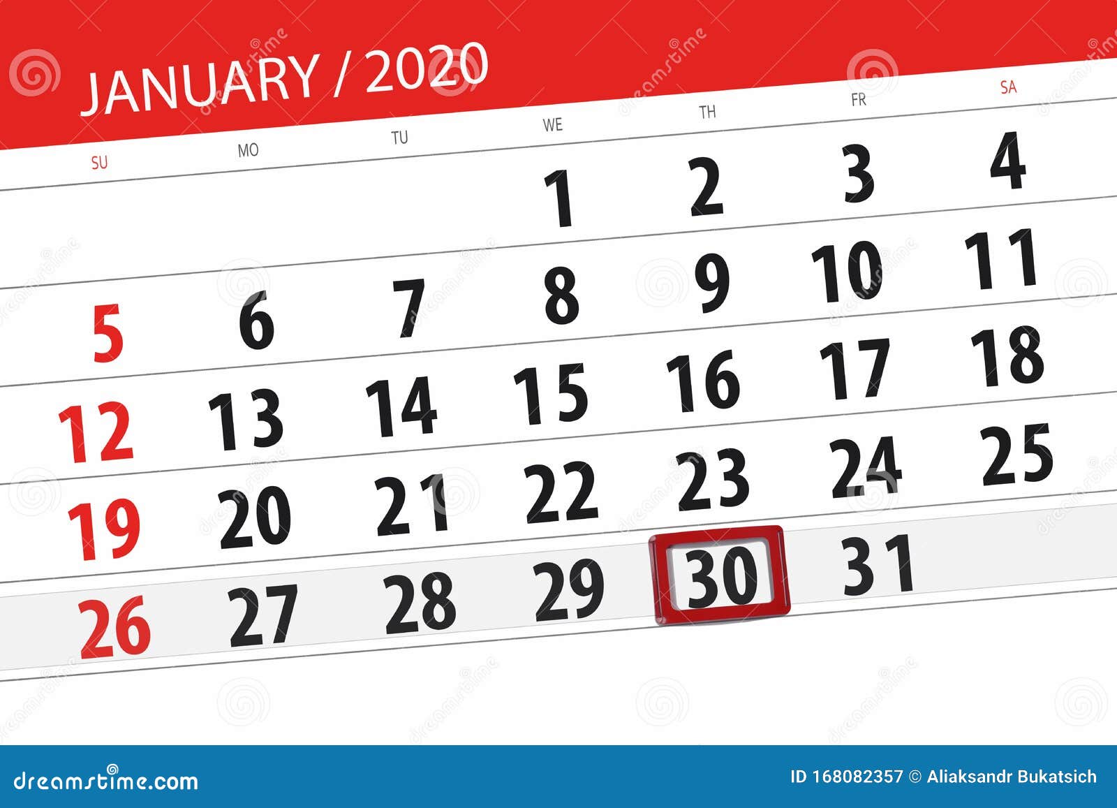 Calendar Planner for the Month January 2020, Deadline Day, 30, Thursday ...
