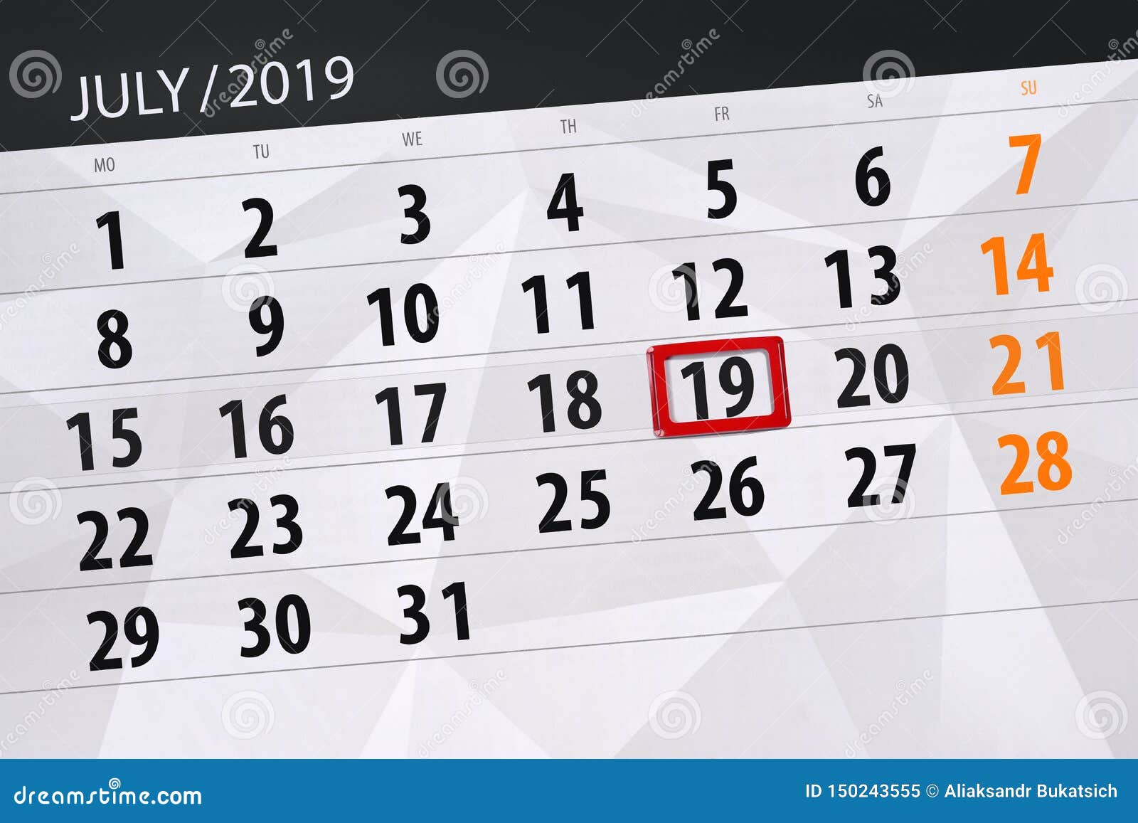Calendar Planner for the Month July 2019, Deadline Day, 19 Friday Stock ...