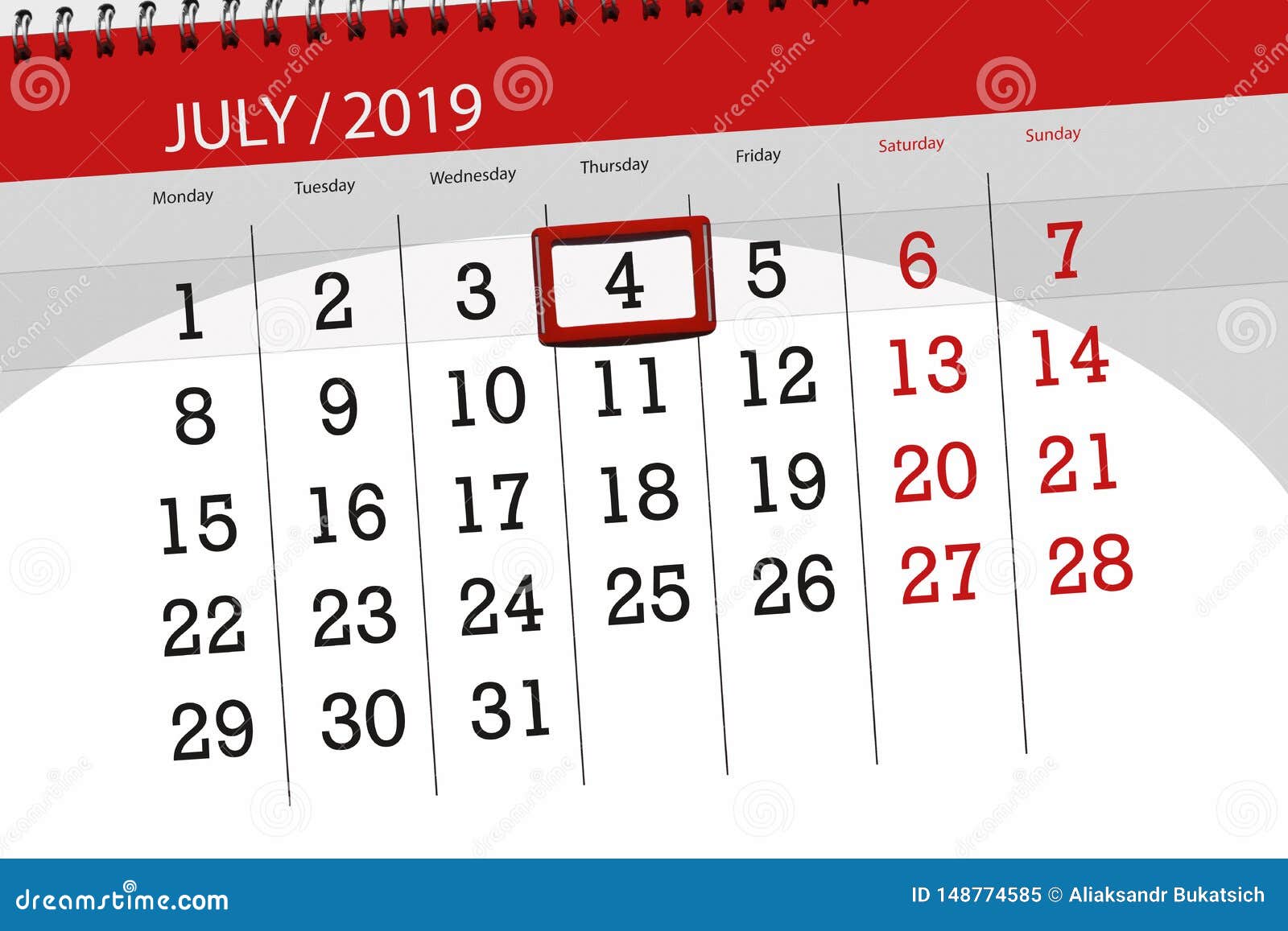 Calendar Planner for the Month July 2019, Deadline Day, 4 Thursday ...