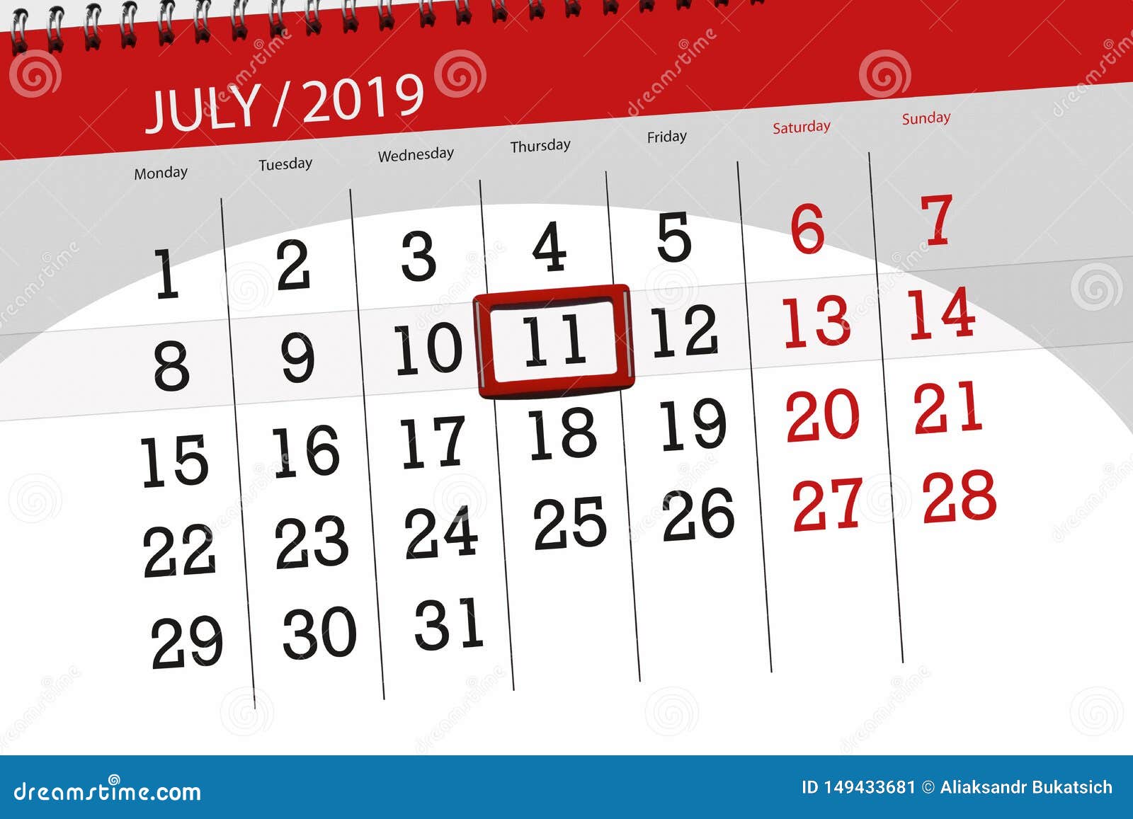 Calendar Planner for the Month July 2019, Deadline Day, 11 Thursday ...