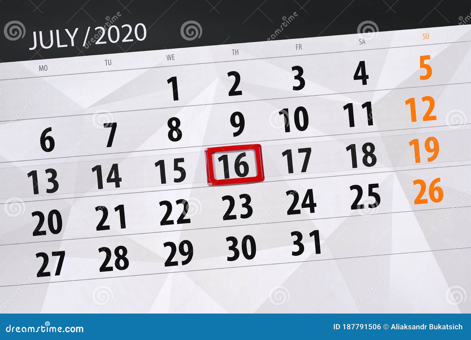 Calendar Planner for the Month July 2020, Deadline Day, 16, Thursday ...