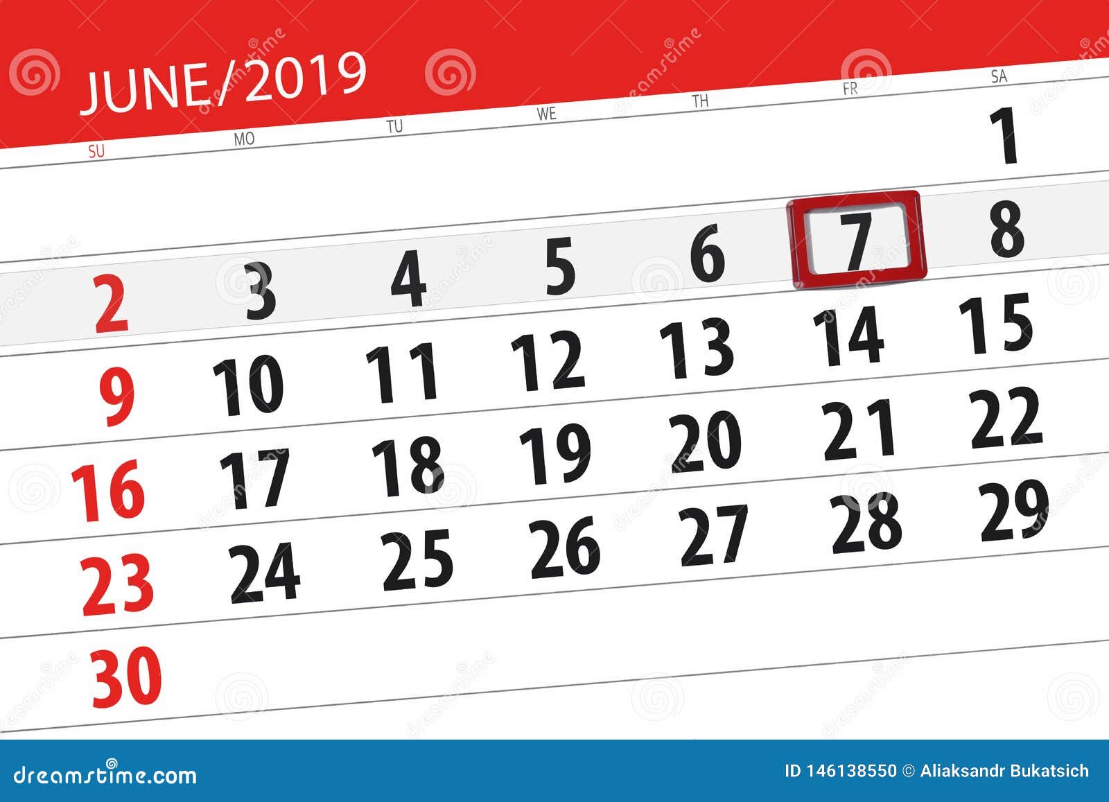 Calendar Planner for the Month June 2019, Deadline Day, 7, Friday Stock ...