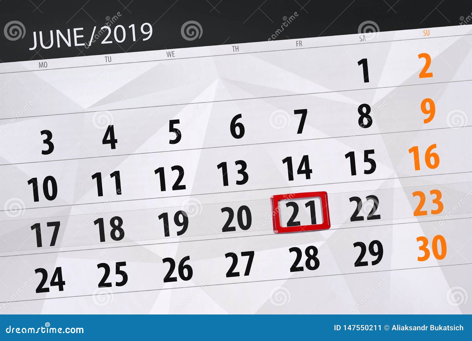 Calendar Planner for the Month June 2019, Deadline Day, 21, Friday ...
