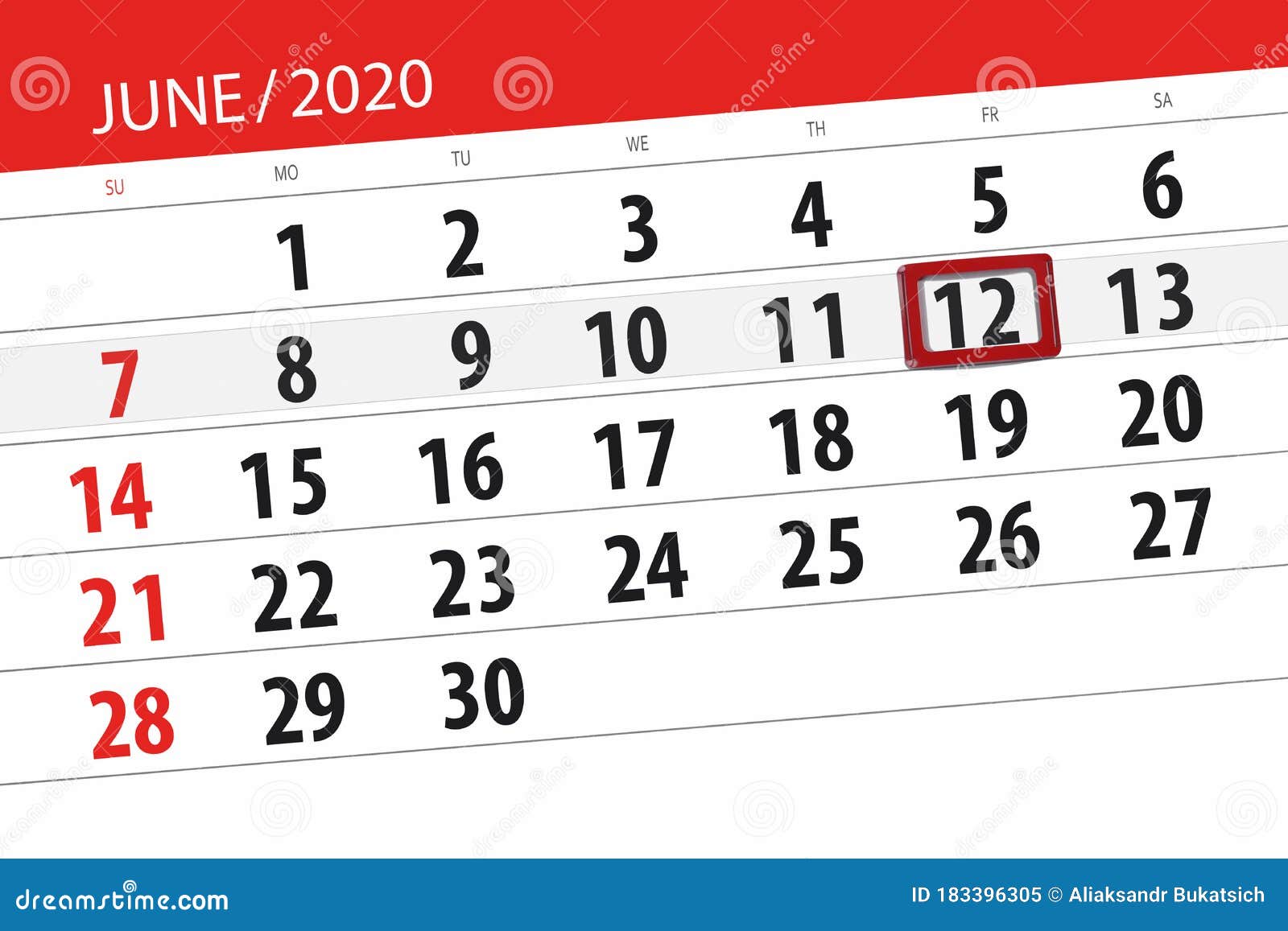 Calendar Planner for the Month June 2020, Deadline Day, 12, Friday ...