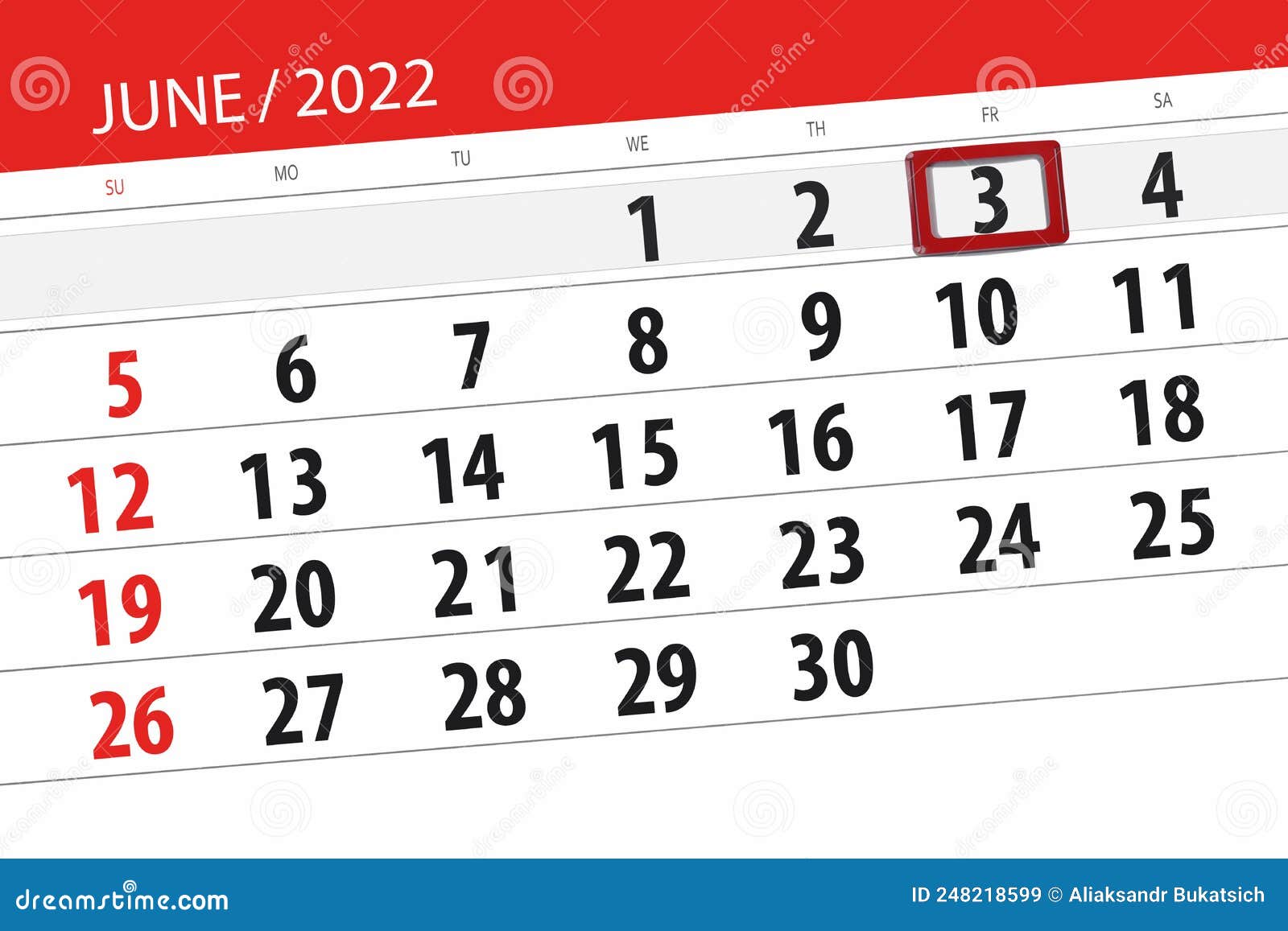 Calendar Planner for the Month June 2022, Deadline Day, 3, Friday Stock ...