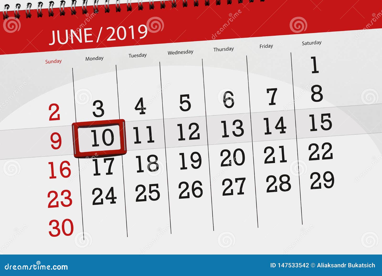 Calendar June 2019, 10, Monday Stock Photo - Image of page, notepad ...