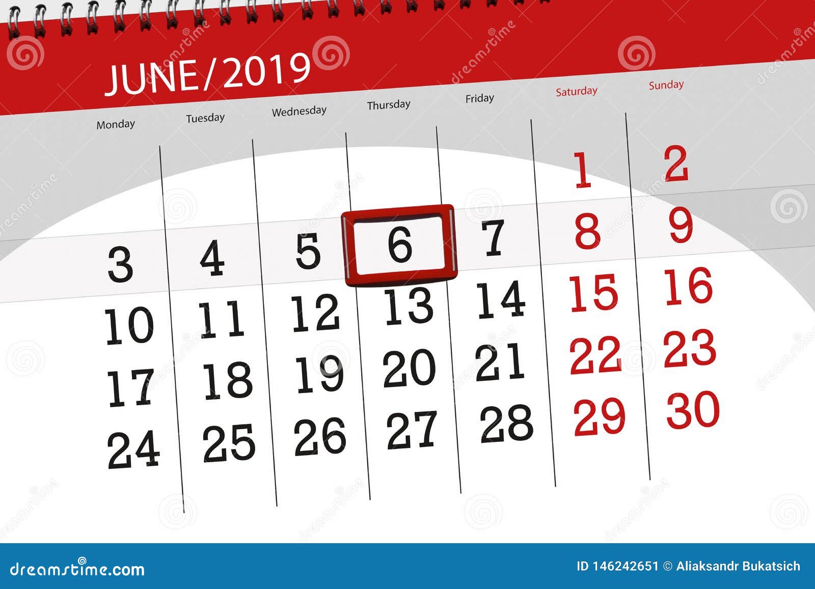 Calendar Planner for the Month June 2019, Deadline Day, 6, Thursday ...