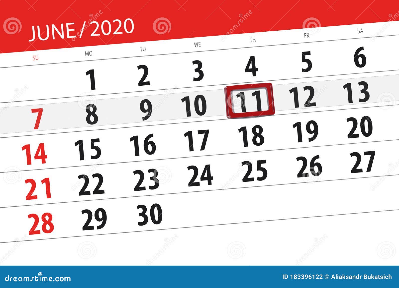 Calendar Planner for the Month June 2020, Deadline Day, 11, Thursday ...
