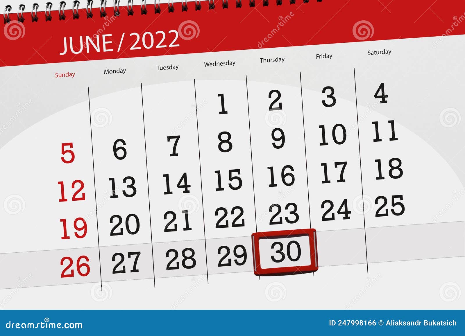 Calendar Planner for the Month June 2022, Deadline Day, 30, Thursday ...