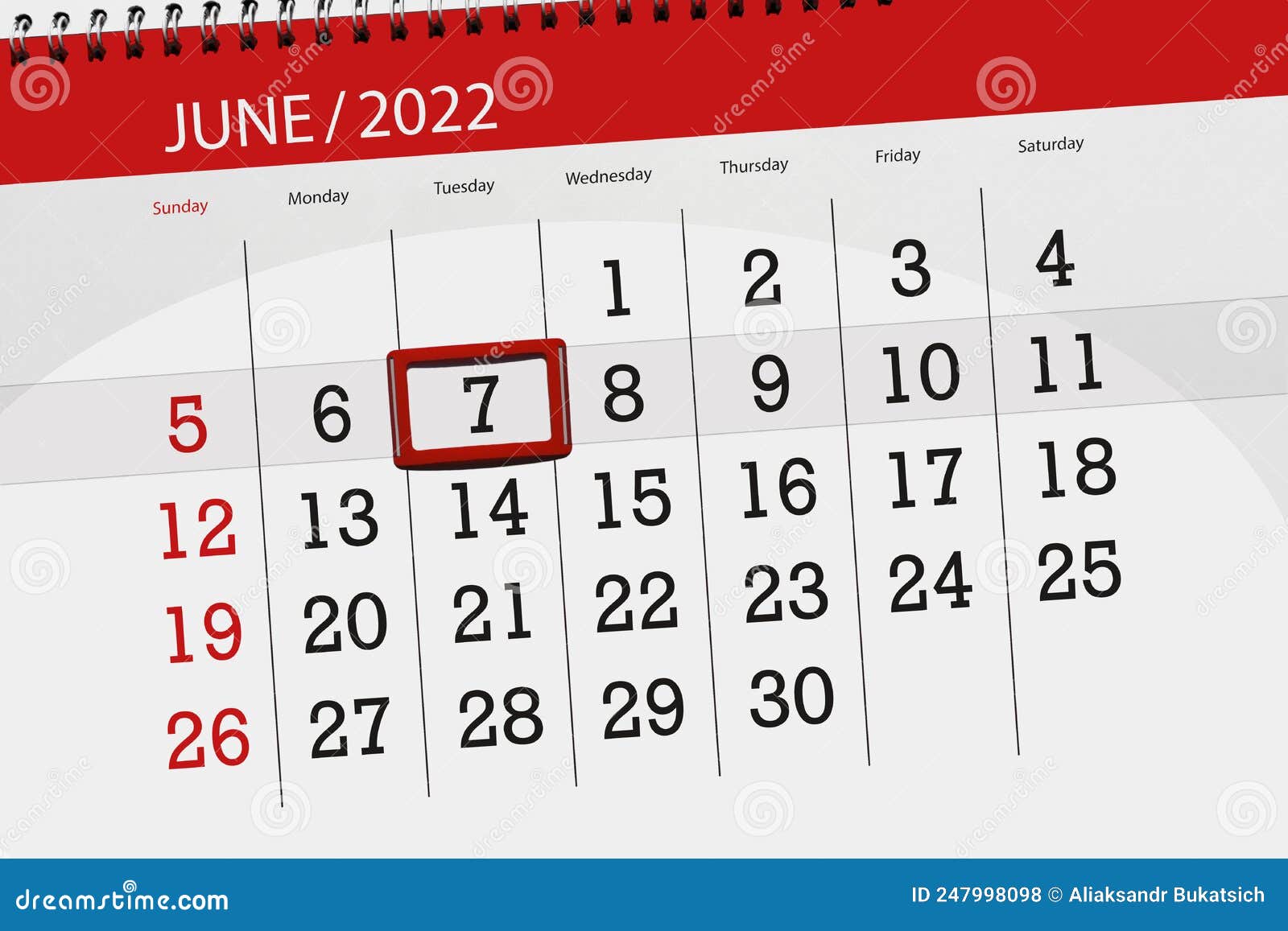 Calendar Planner for the Month June 2022, Deadline Day, 7, Tuesday ...