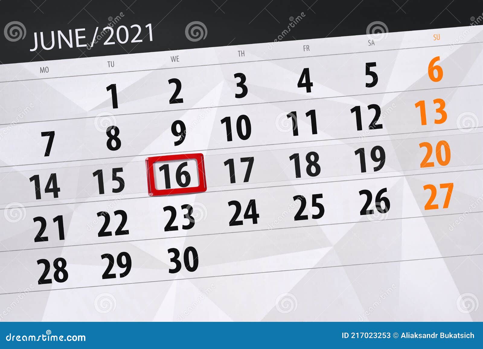Calendar Planner for the Month June 2021, Deadline Day, 16, Wednesday ...