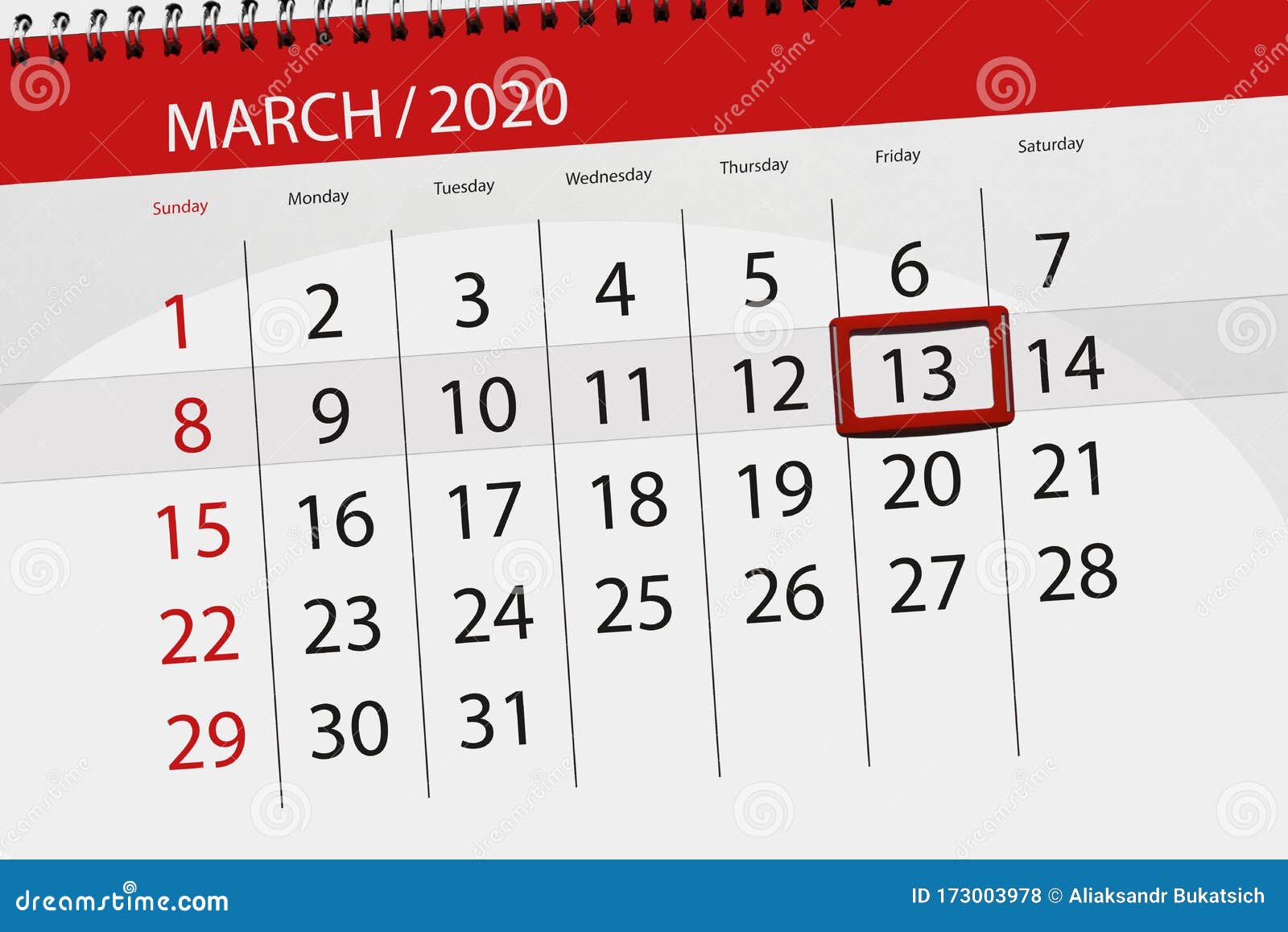 Calendar Planner for the Month March 2020, Deadline Day, 13, Friday ...