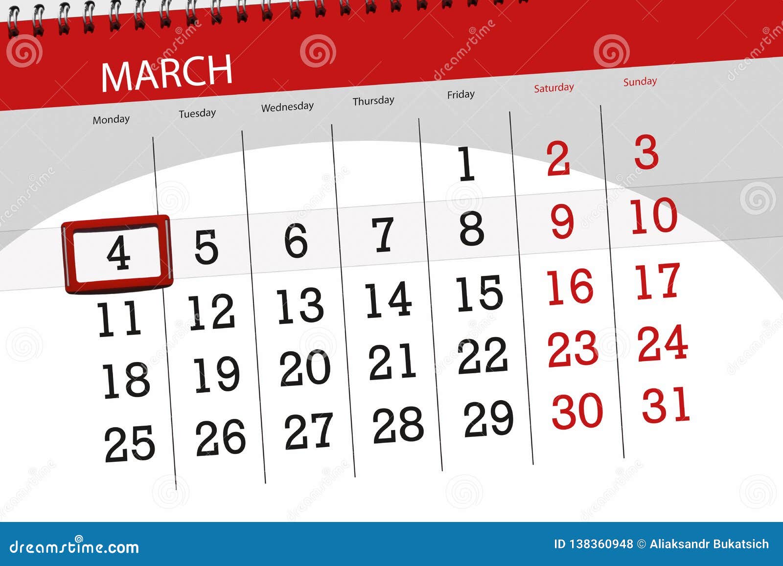 Calendar Planner for the Month March 2019, Deadline Day, 4, Monday ...