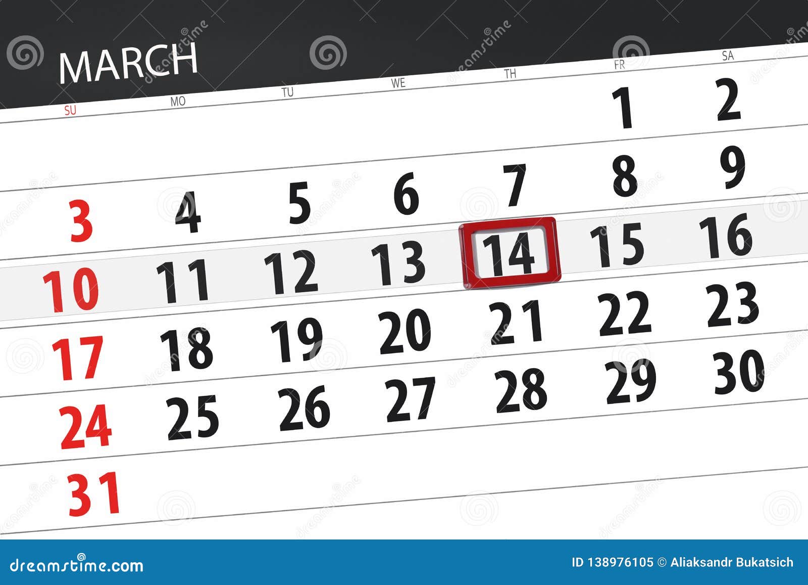Calendar Planner for the Month March 2019, Deadline Day, 14 Thursday ...