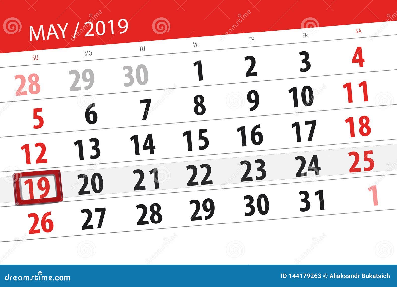 Calendar Planner for the Month May 2019, Deadline Day, 19 Sunday Stock ...