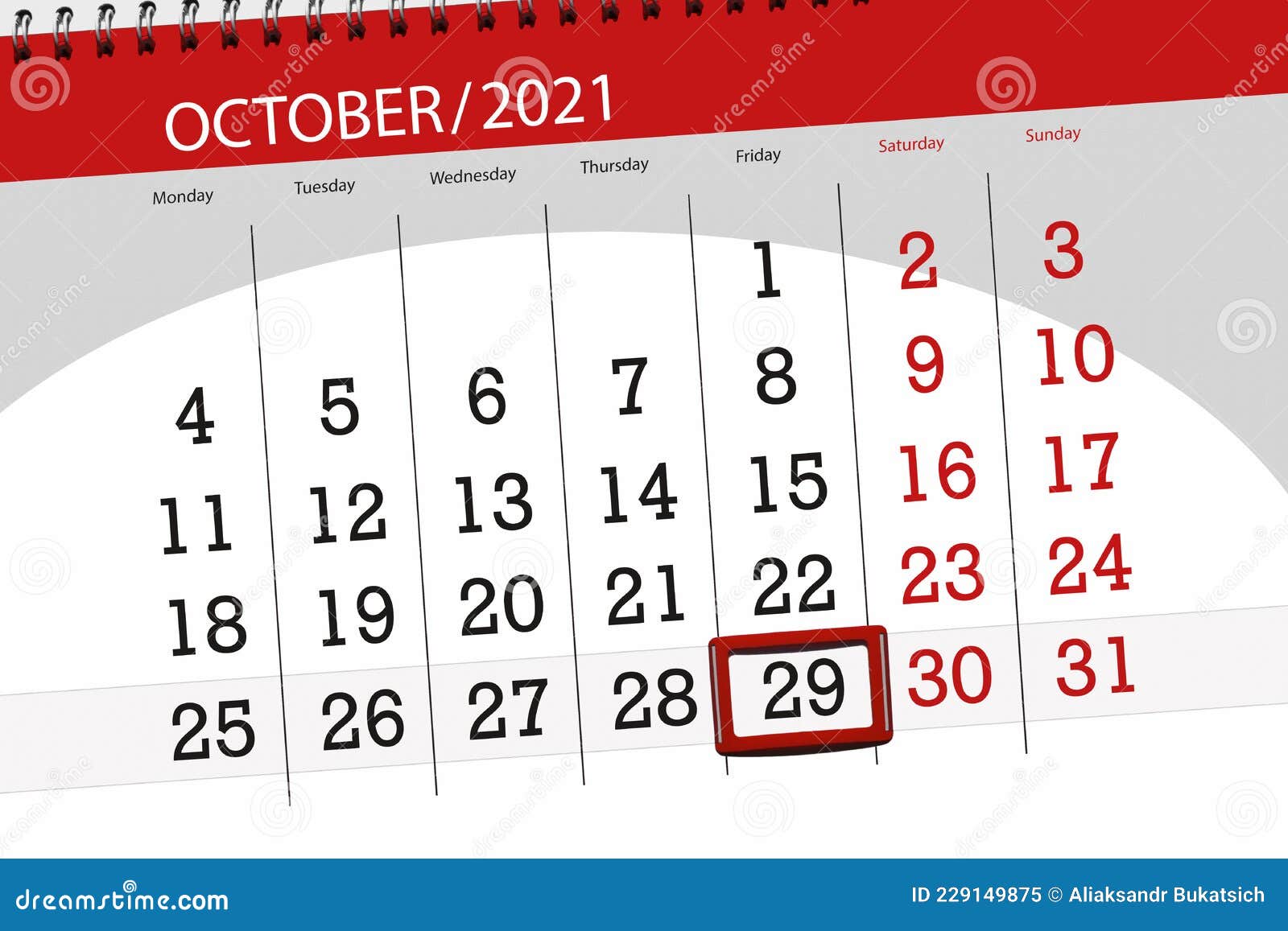 Calendar Planner for the Month October 2021, Deadline Day, 29, Friday ...