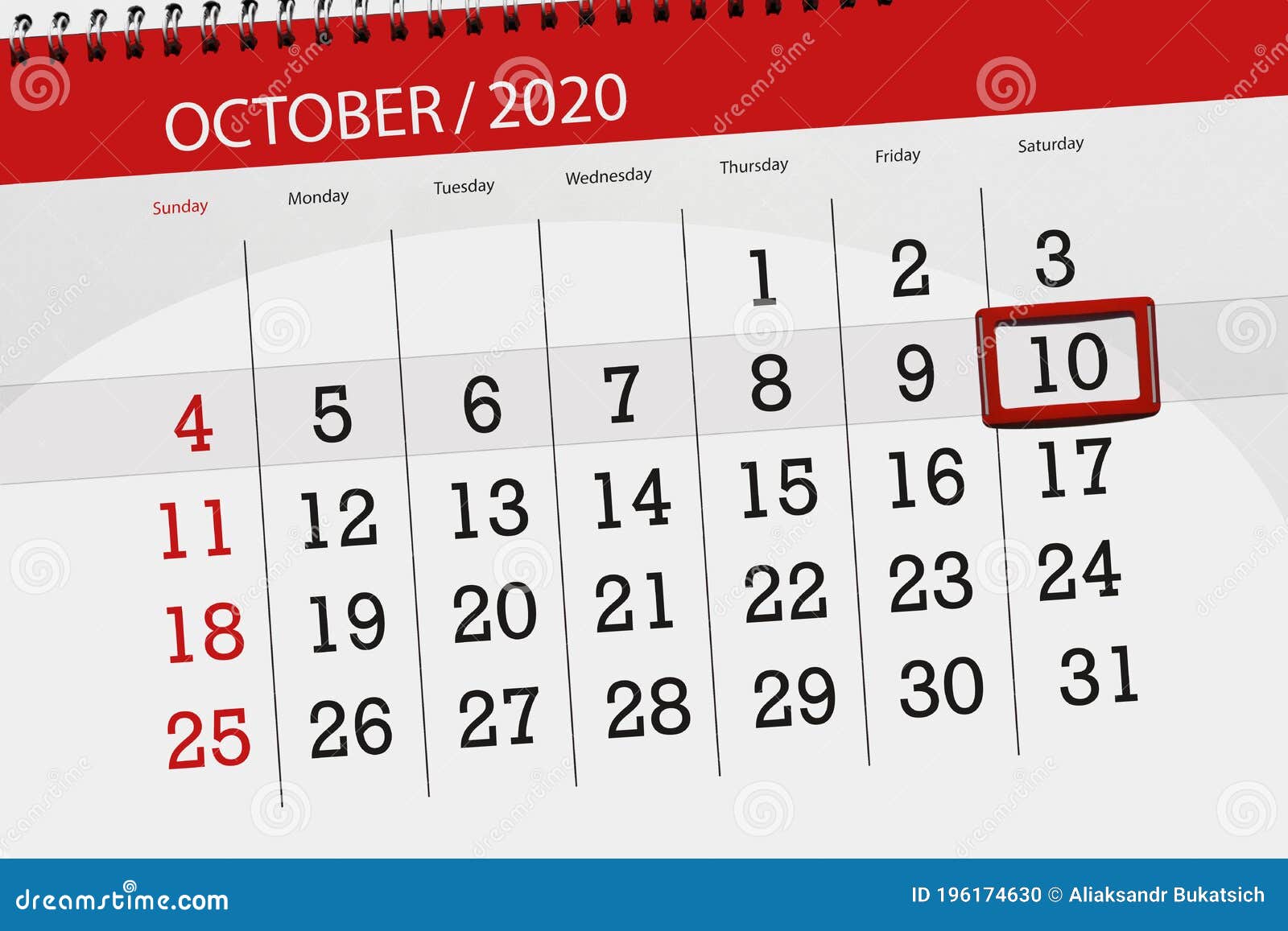 Calendar Planner for the Month October 2020, Deadline Day, 10, Saturday ...