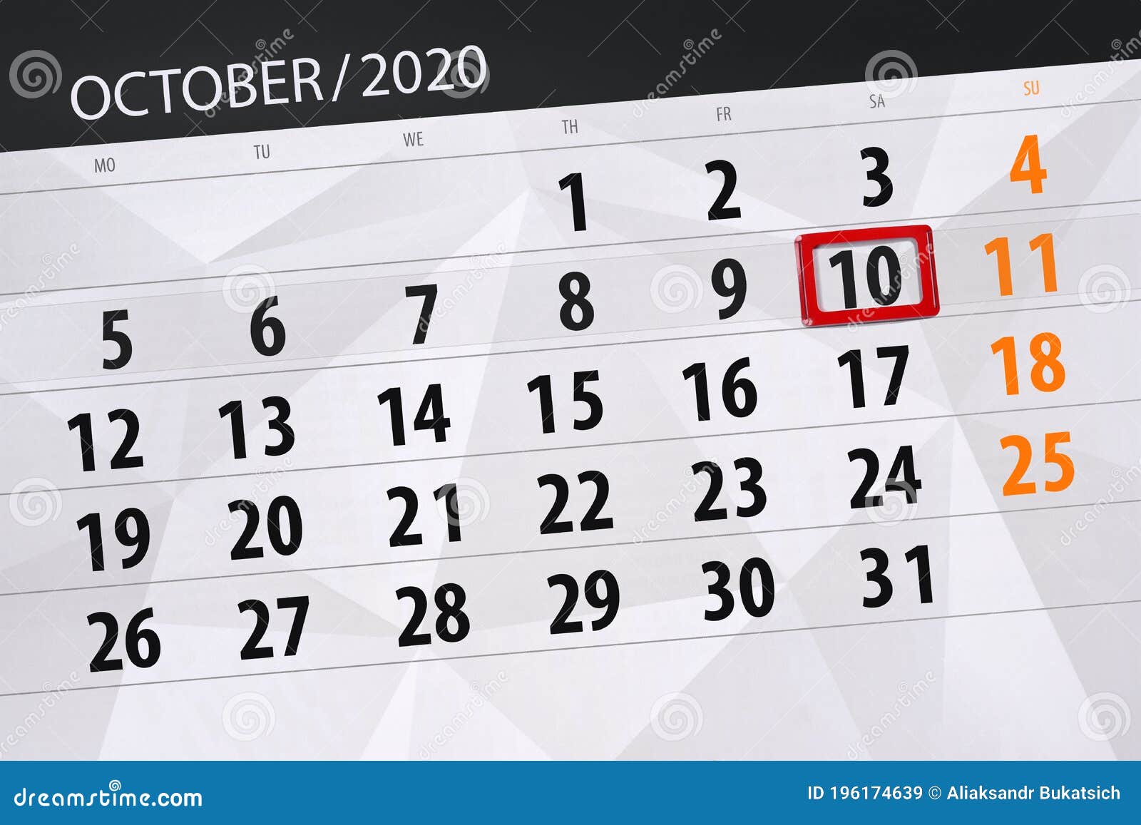 Calendar Planner for the Month October 2020, Deadline Day, 10, Saturday ...