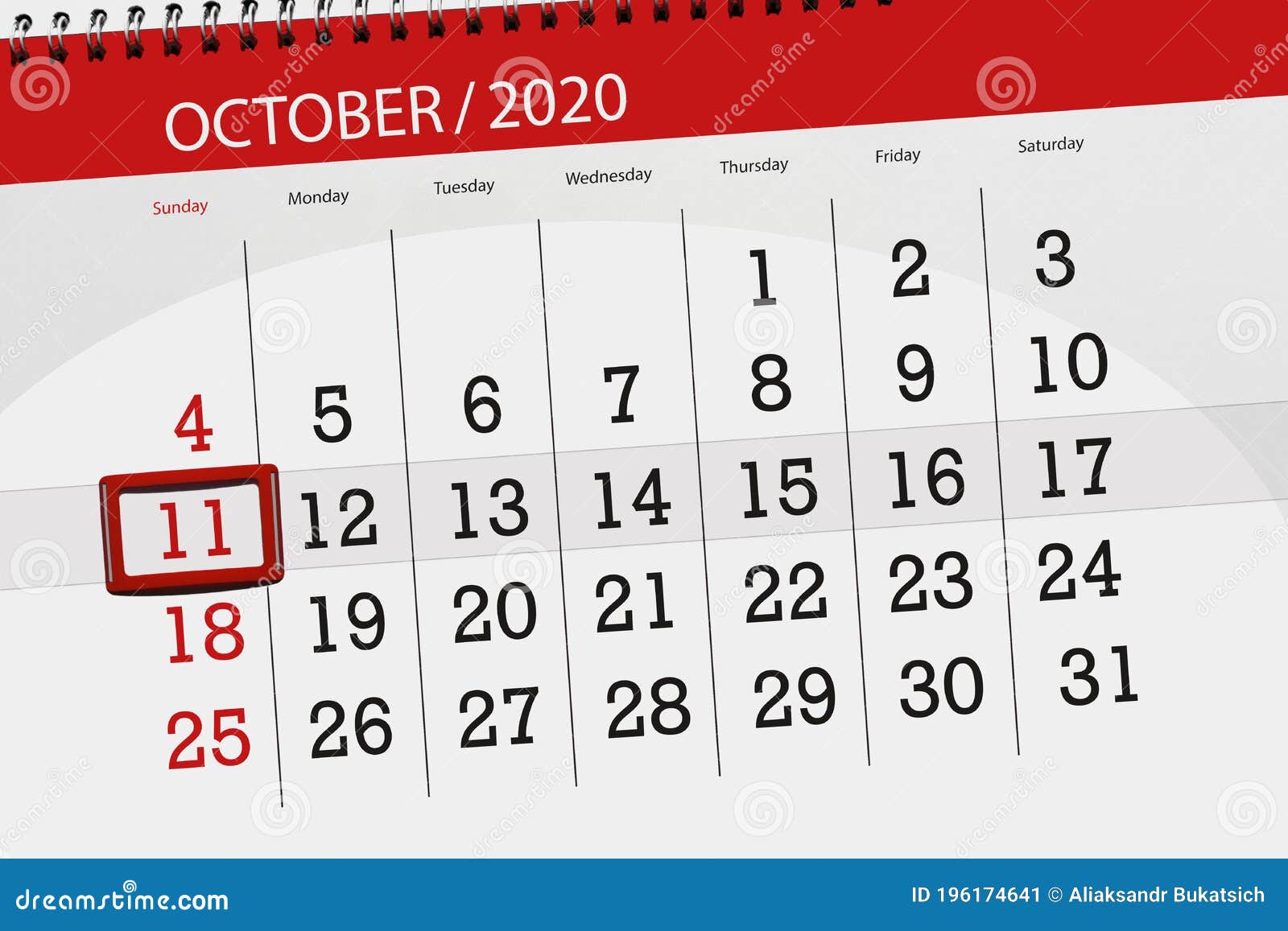 Calendar Planner for the Month October 2020, Deadline Day, 11, Sunday ...
