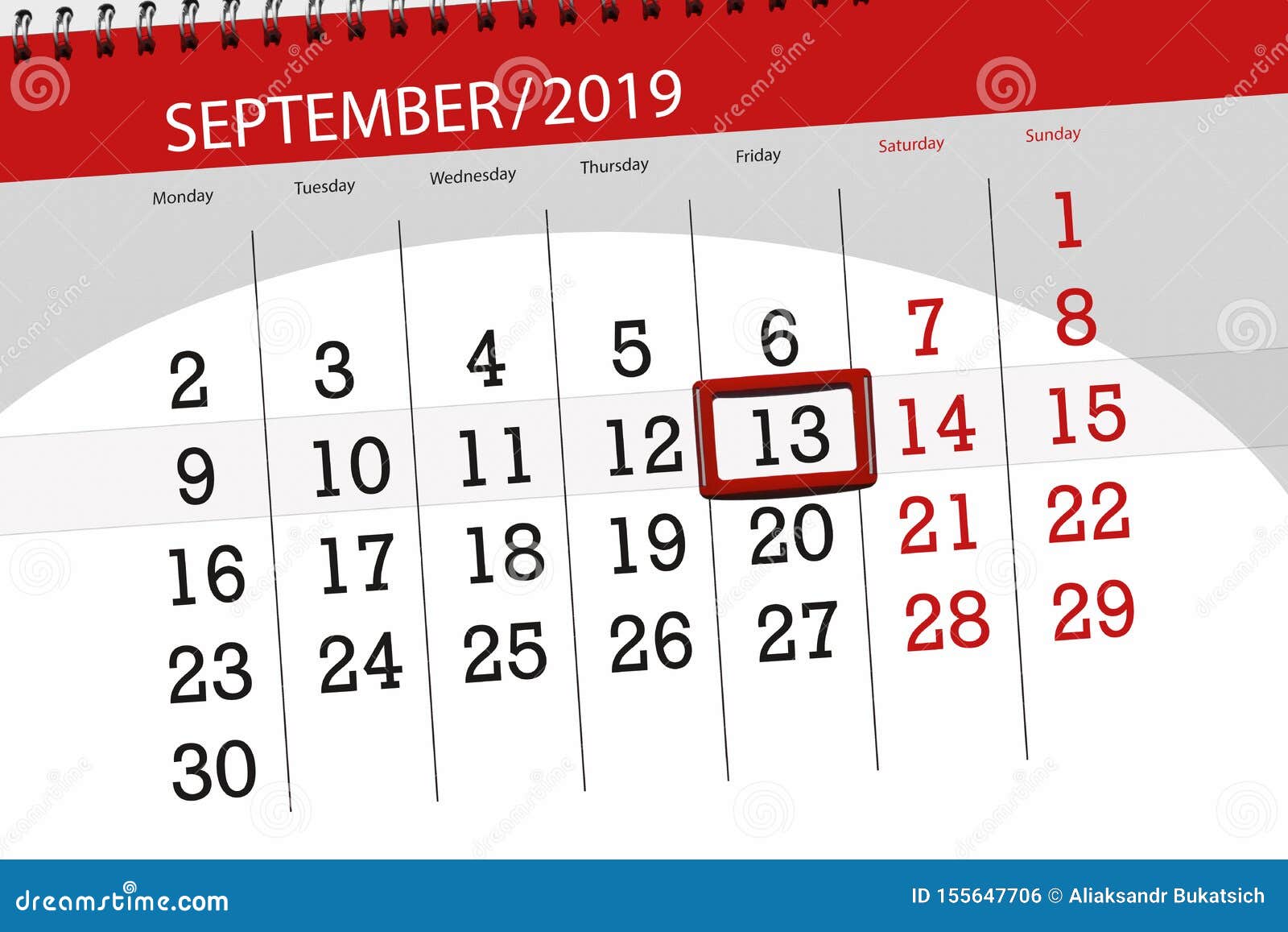Calendar Planner for the Month September 2019, Deadline Day, 13, Friday ...