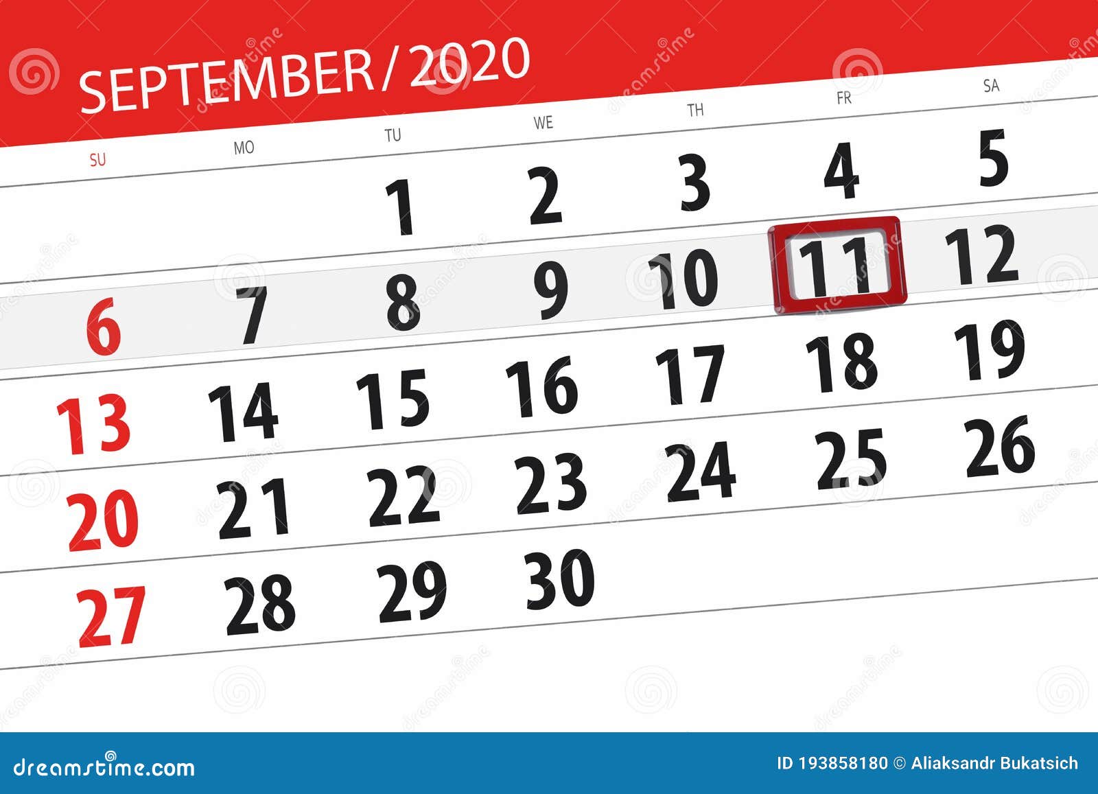Calendar Planner for the Month September 2020, Deadline Day, 11, Friday ...