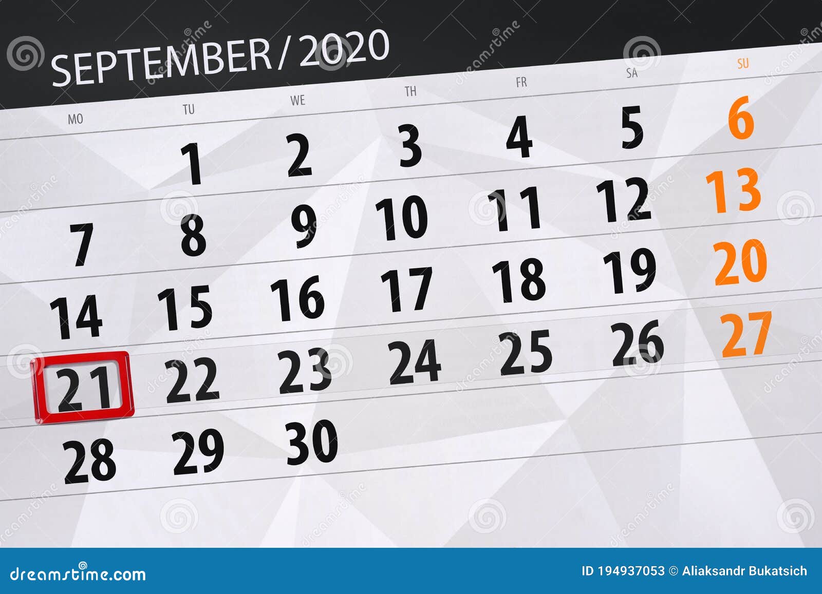 Calendar Planner for the Month September 2020, Deadline Day, 21, Monday ...