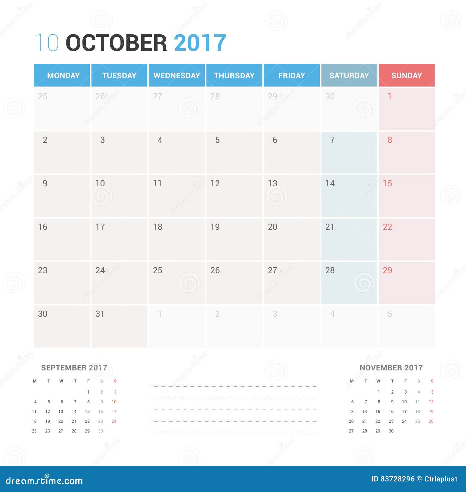 Calendar Planner for October 2017 Vector Design Template Stationary ...